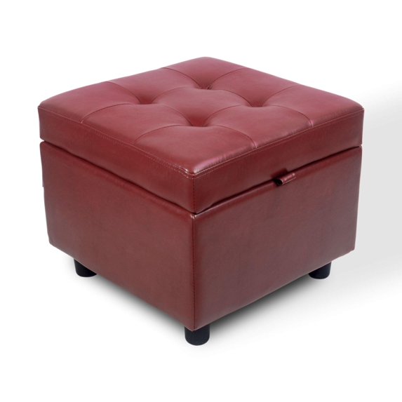 Red Tufted Leather Square Flip Top Storage Ottoman Cube Foot Rest with ...