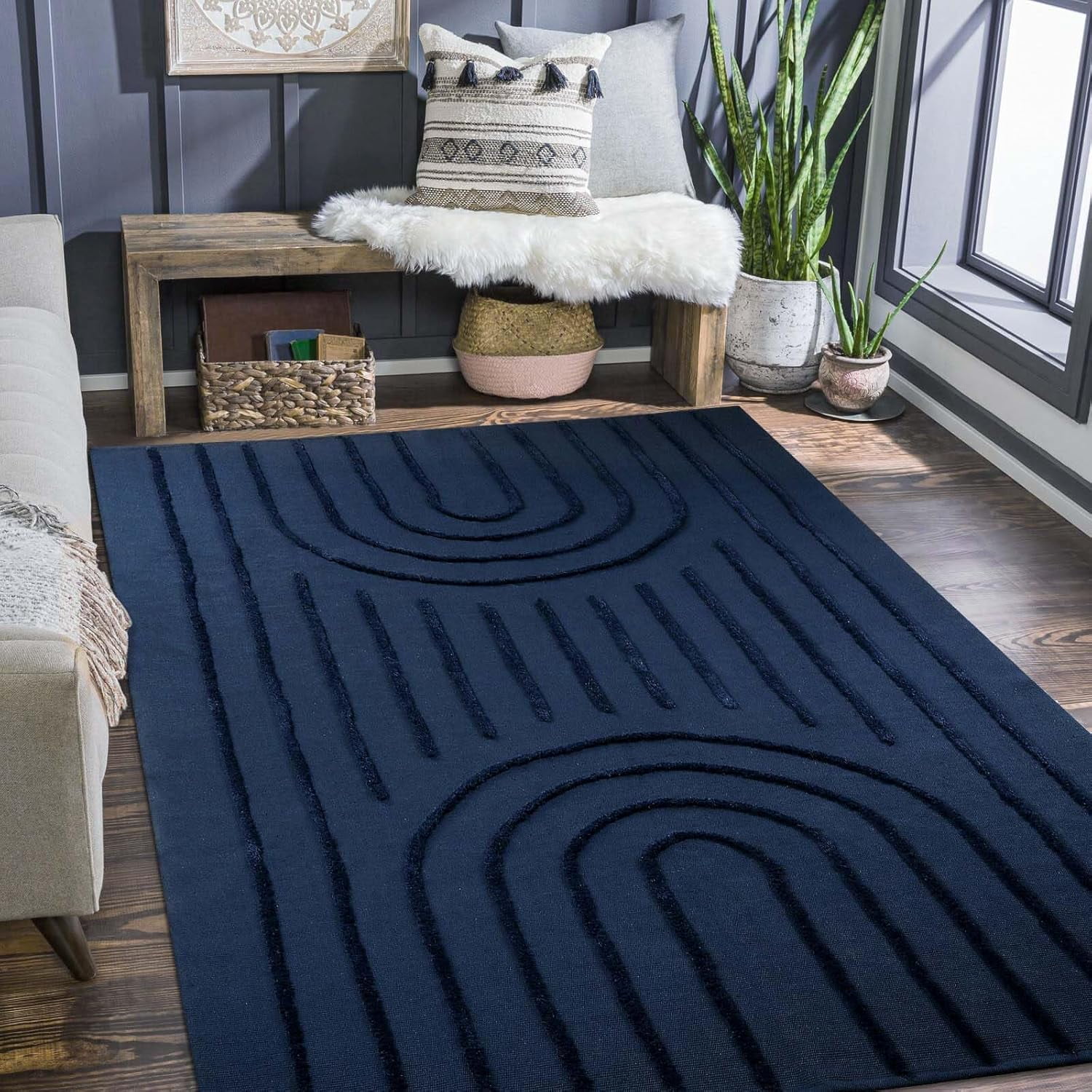 Red Tufted Rainbow Nursery Rug, Washable Boho Low Pile Floor Carpet for ...