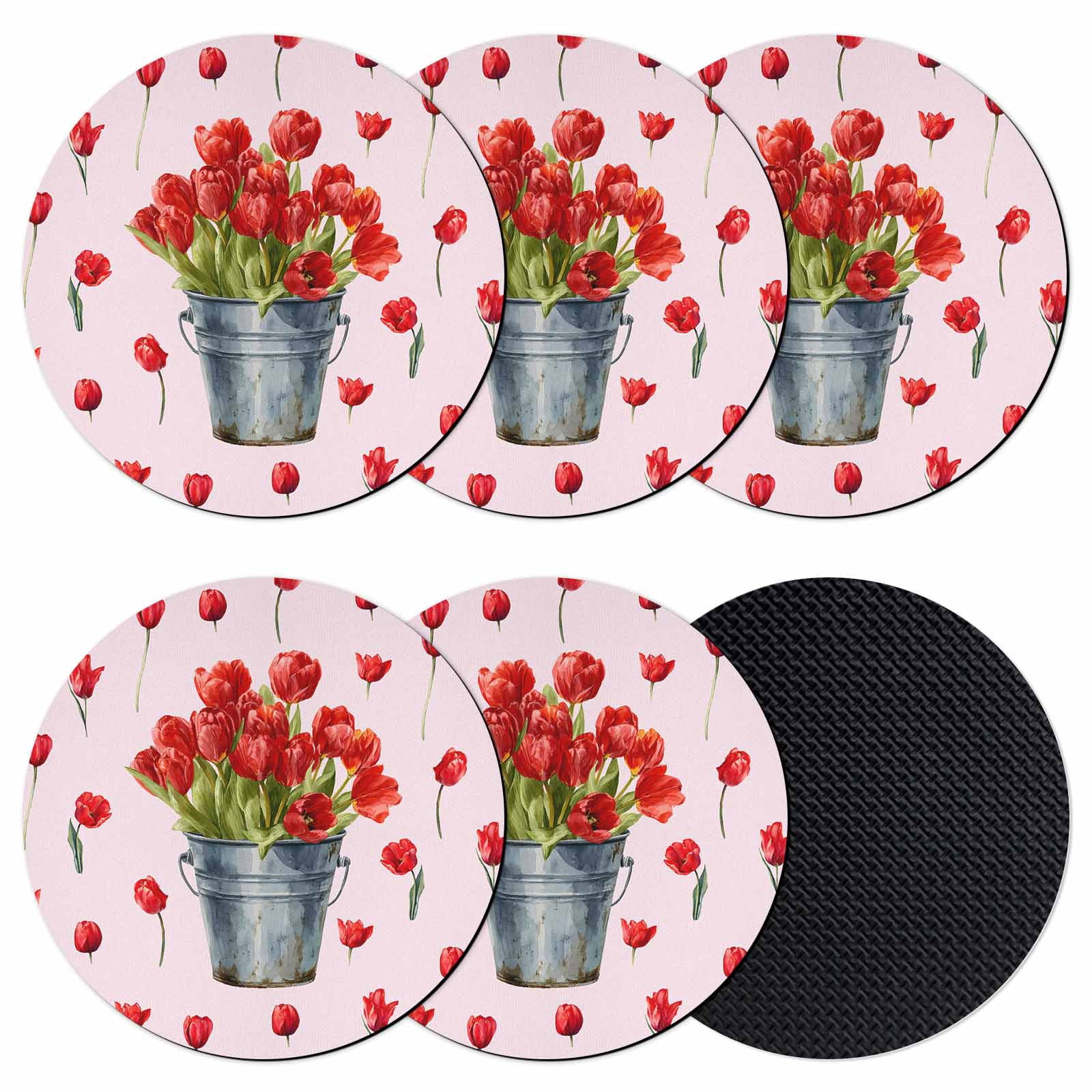 Red Tulip Flowers Coasters Set of 6, Absorbent Coasters for Drinks ...
