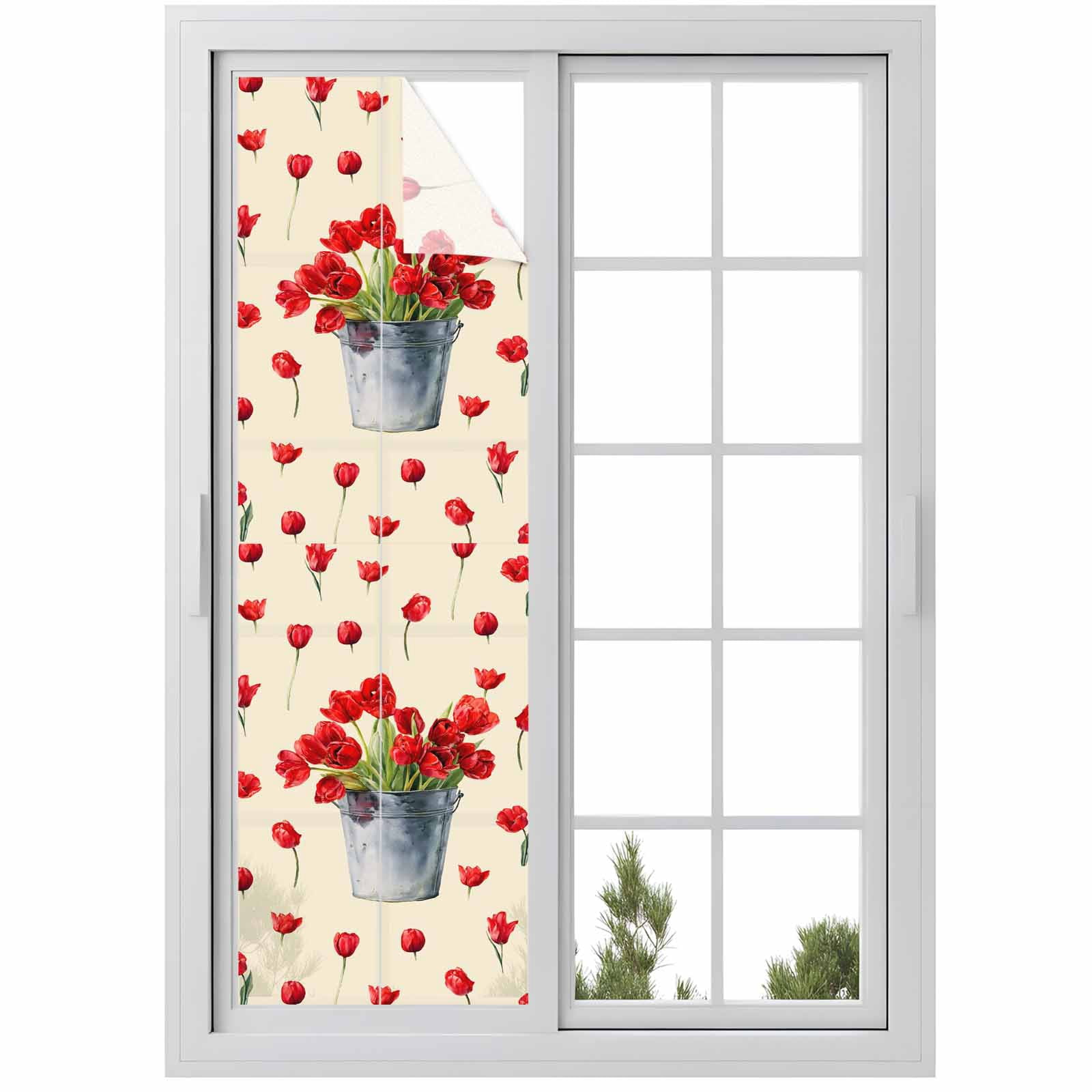 Red Tulip Flowers Window Privacy Film, Spring Floral Vintage Drum ...