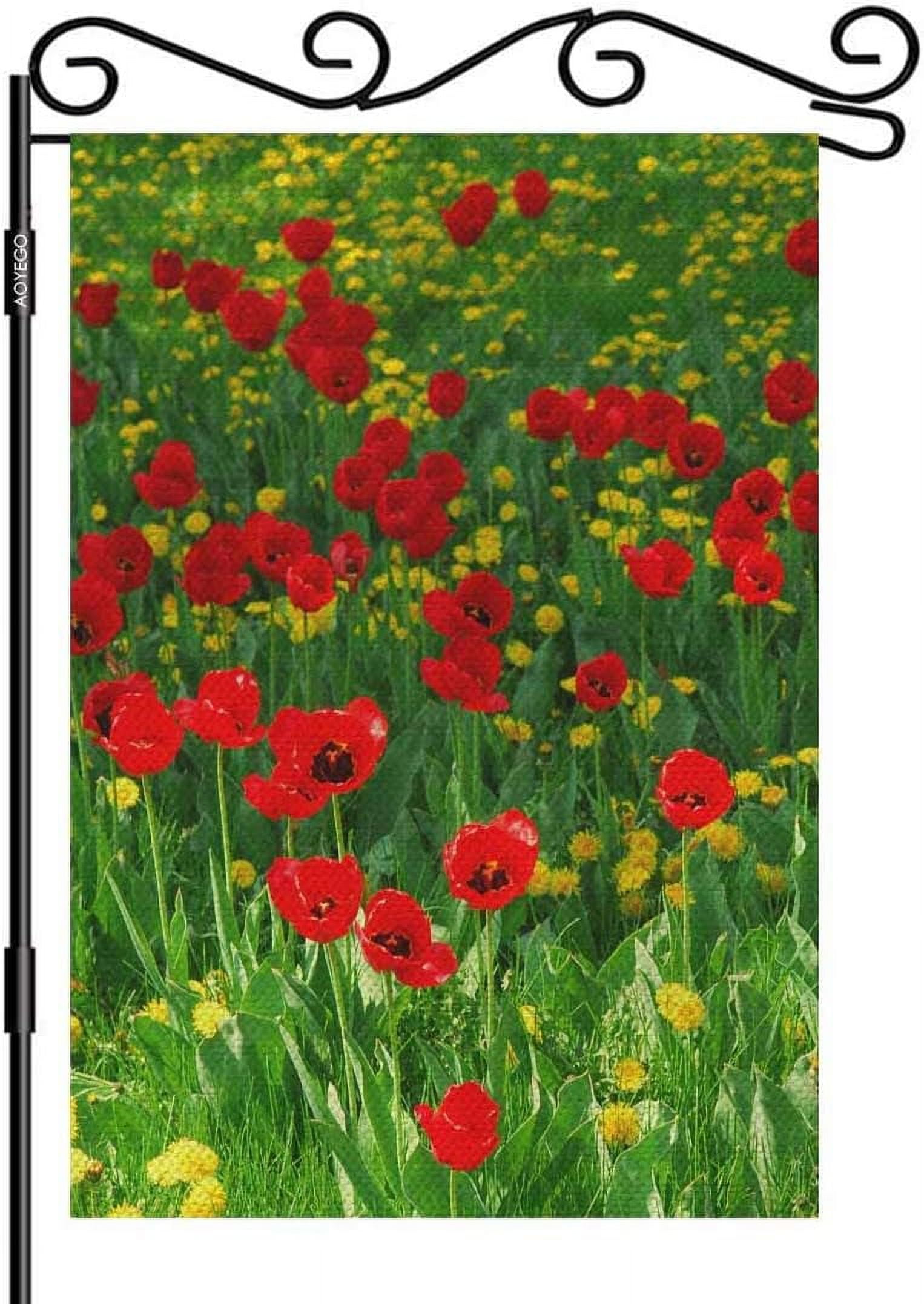 Red Tulips Garden Flag Vertical Double Sided Yellow Dandelions Blooming ...