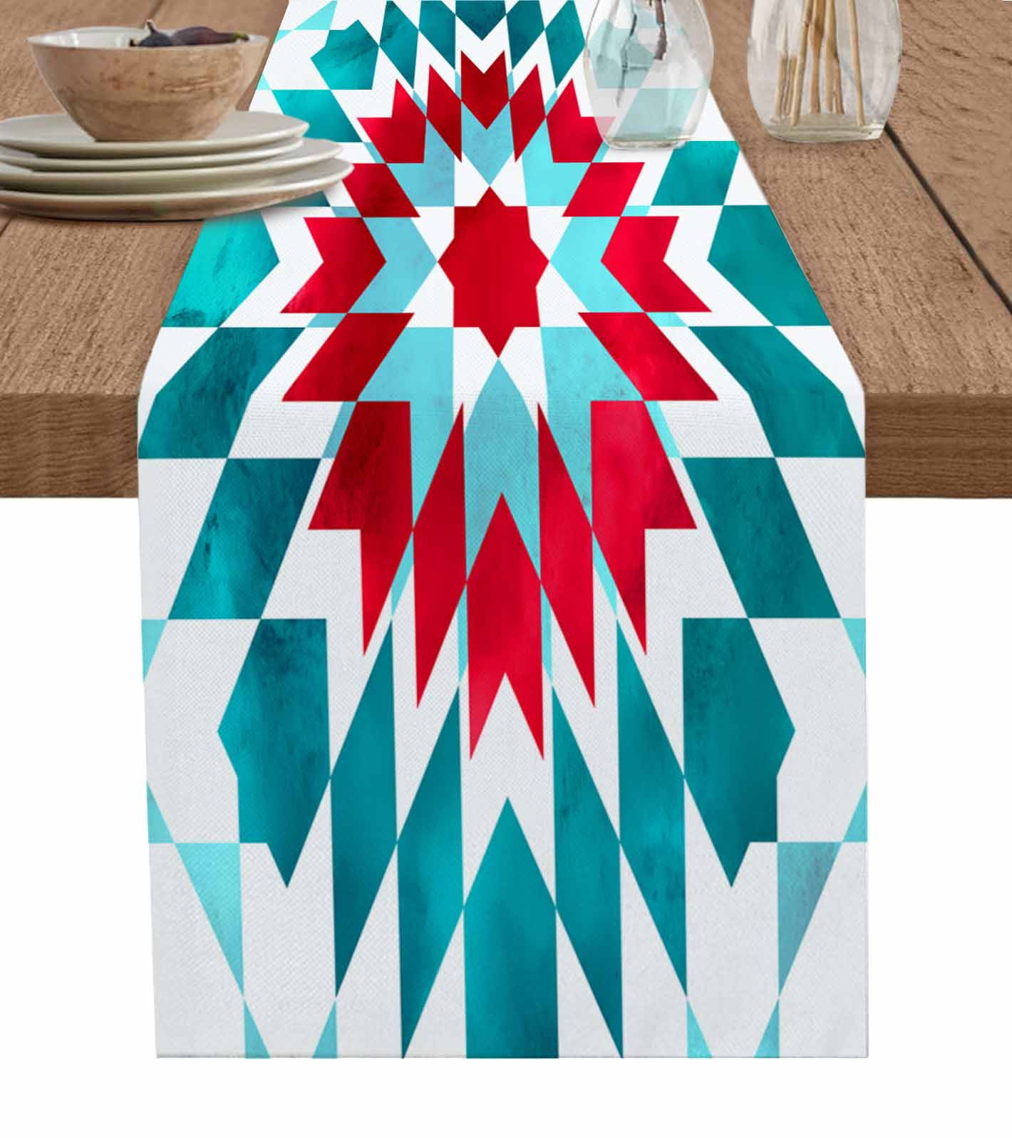 Red Turquoise Boho Burlap Cotton Table Runner 13x48 Inches Long, Ethnic Tribal Aztec Abstract ...