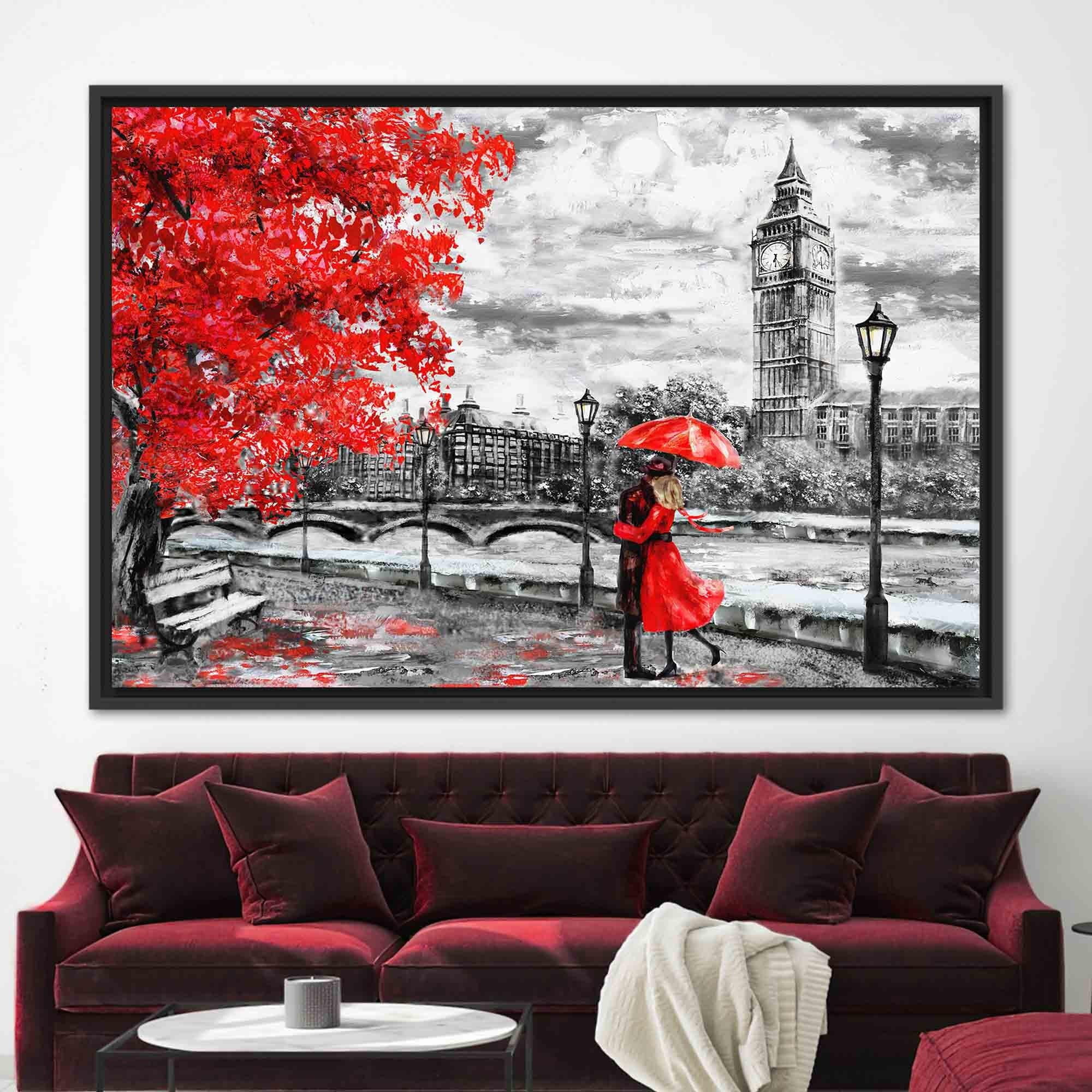 Red Umbrella Art, London Art, Umbrella Canvas Art, Modern Art Canvas, Landscape Art Canvas, Red ...