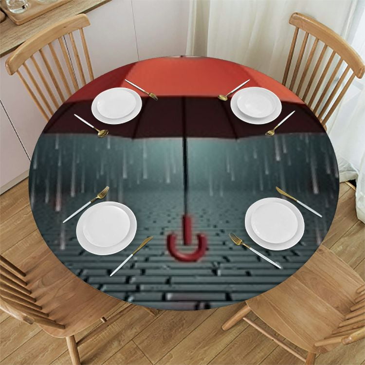 Red Umbrella in Rain Table Cover Wipeable Tablecloth Round Fitted Table ...