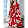 Red V-Neck Long-Sleeve A-Line Dress With Abstract Print And Waist Tie ...