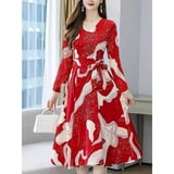 Red V-Neck Long-Sleeve A-Line Dress With Abstract Print And Waist Tie ...
