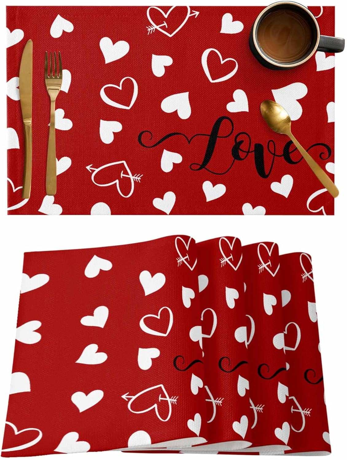 Red Valentine''s Day Placemats Set of 6, Valentines Love Heart Heat ...