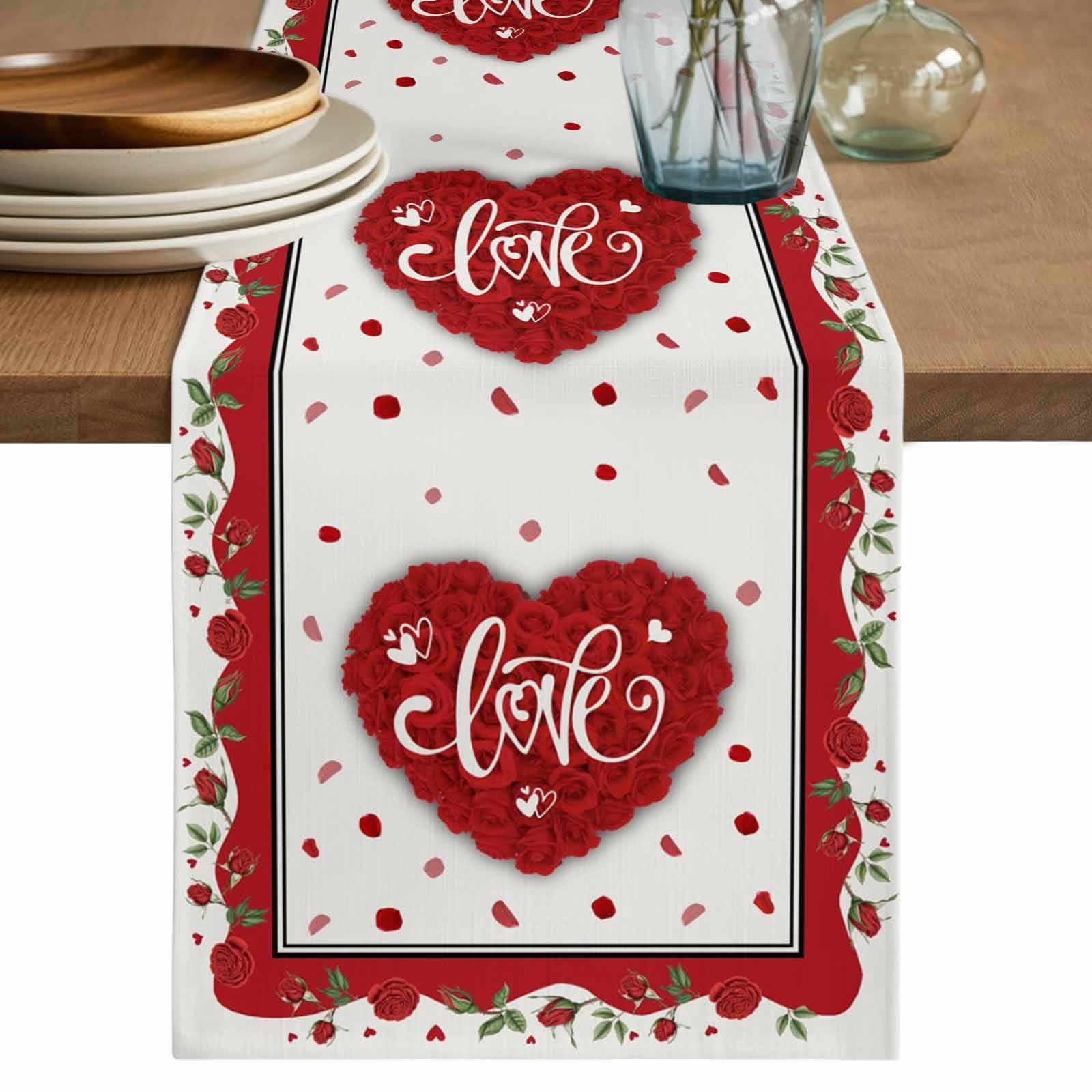 Red Valentine's Day Table Runner 72 Inches, Love Heart Roses Romantic ...