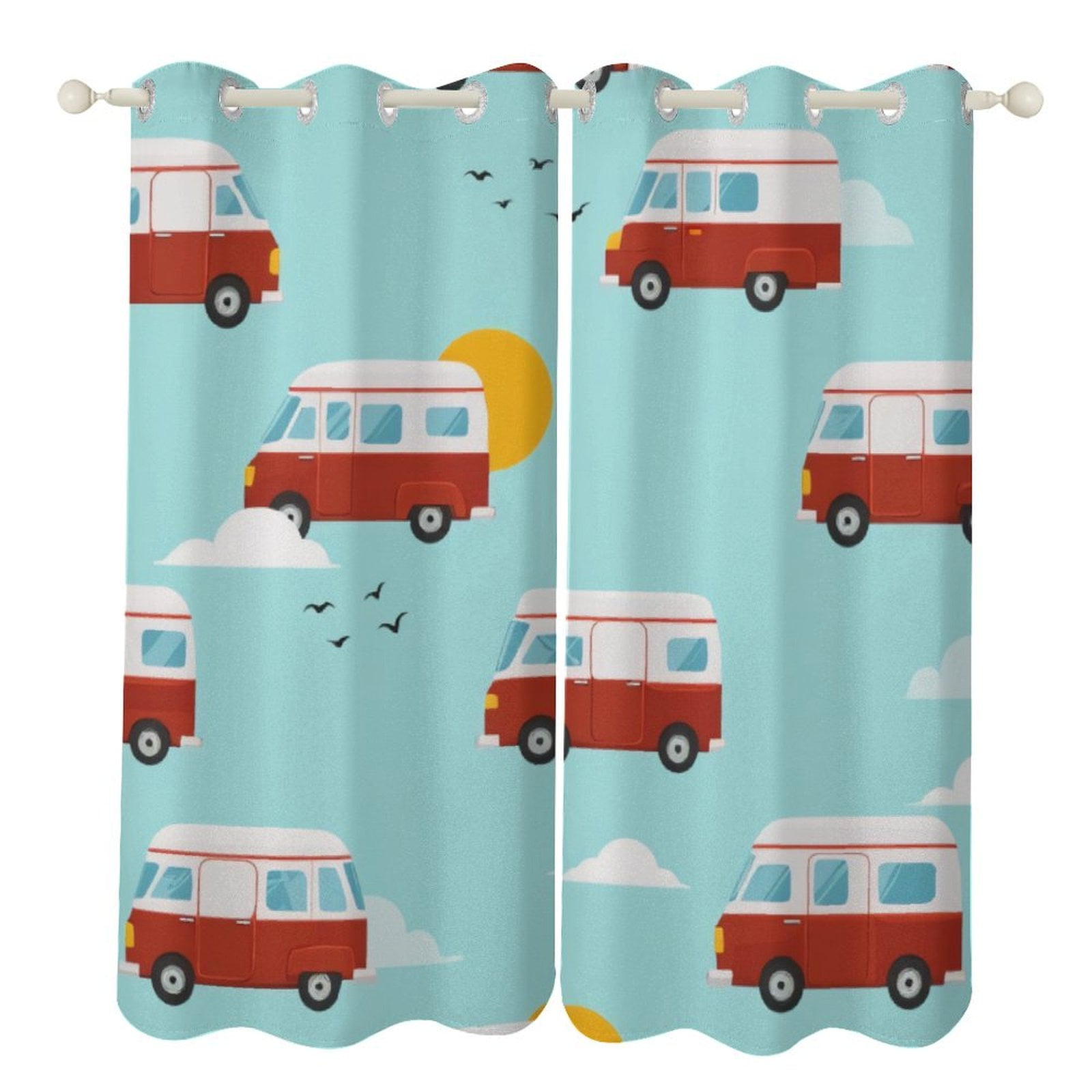 Red Van Pattern with Sun And Clouds Blackout Window Curtains for ...