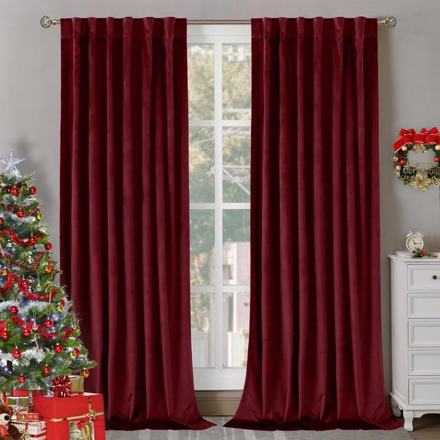 Red Velvet Christmas Curtains 90 Inches for Bedroom, Thermal Insulated ...