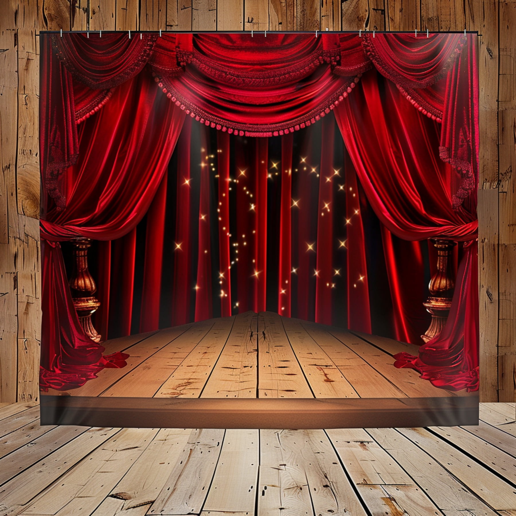 Red Velvet Curtain Stage Backdrop with Wooden Floor and Spotlight for ...
