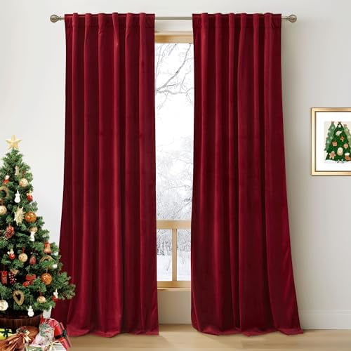 Red Velvet Curtains for Bedroom 90 inches - Light & Heat Block Back ...
