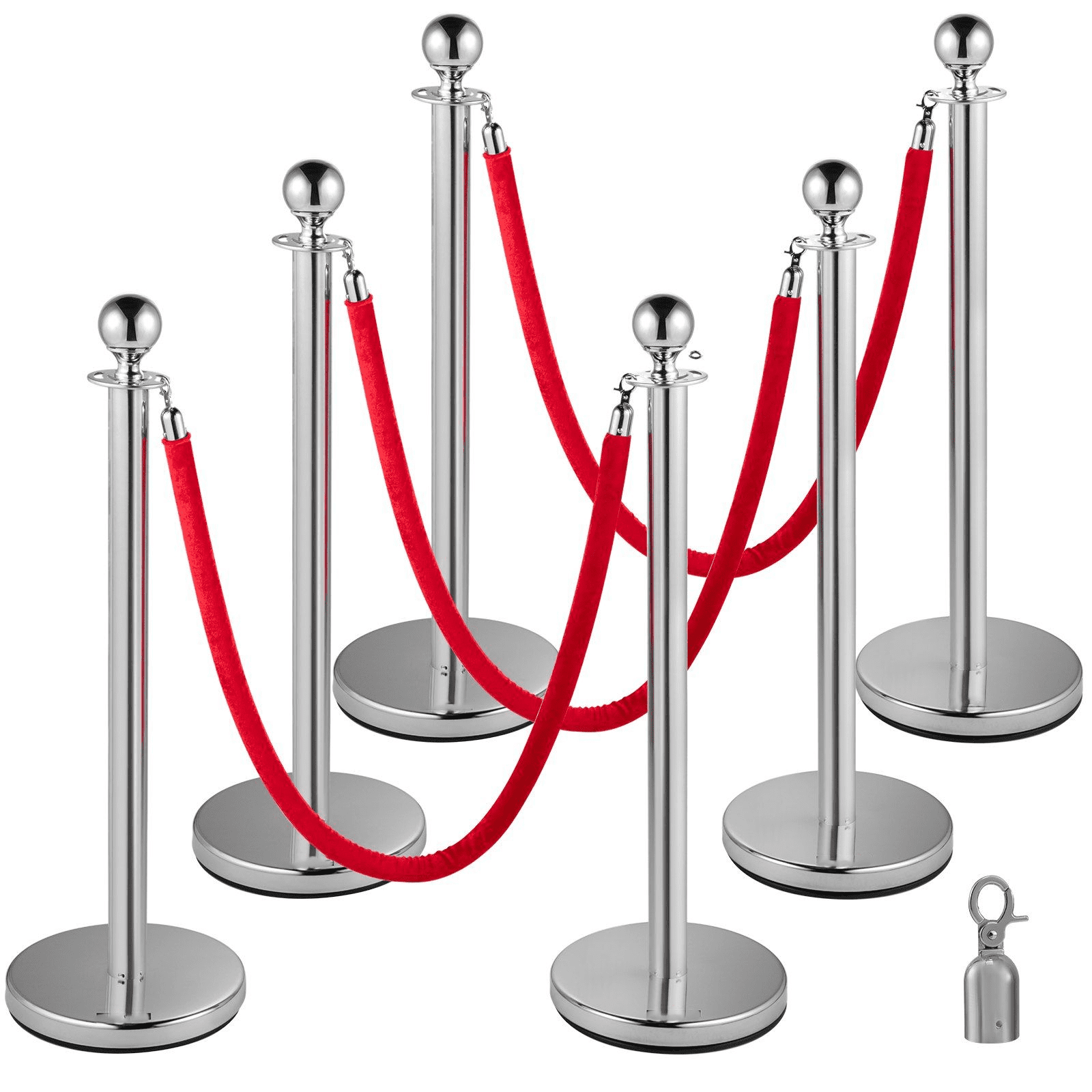 Red Velvet Rope Stanchions 6-Pack, Silver Crowd Control Barriers - 201 ...