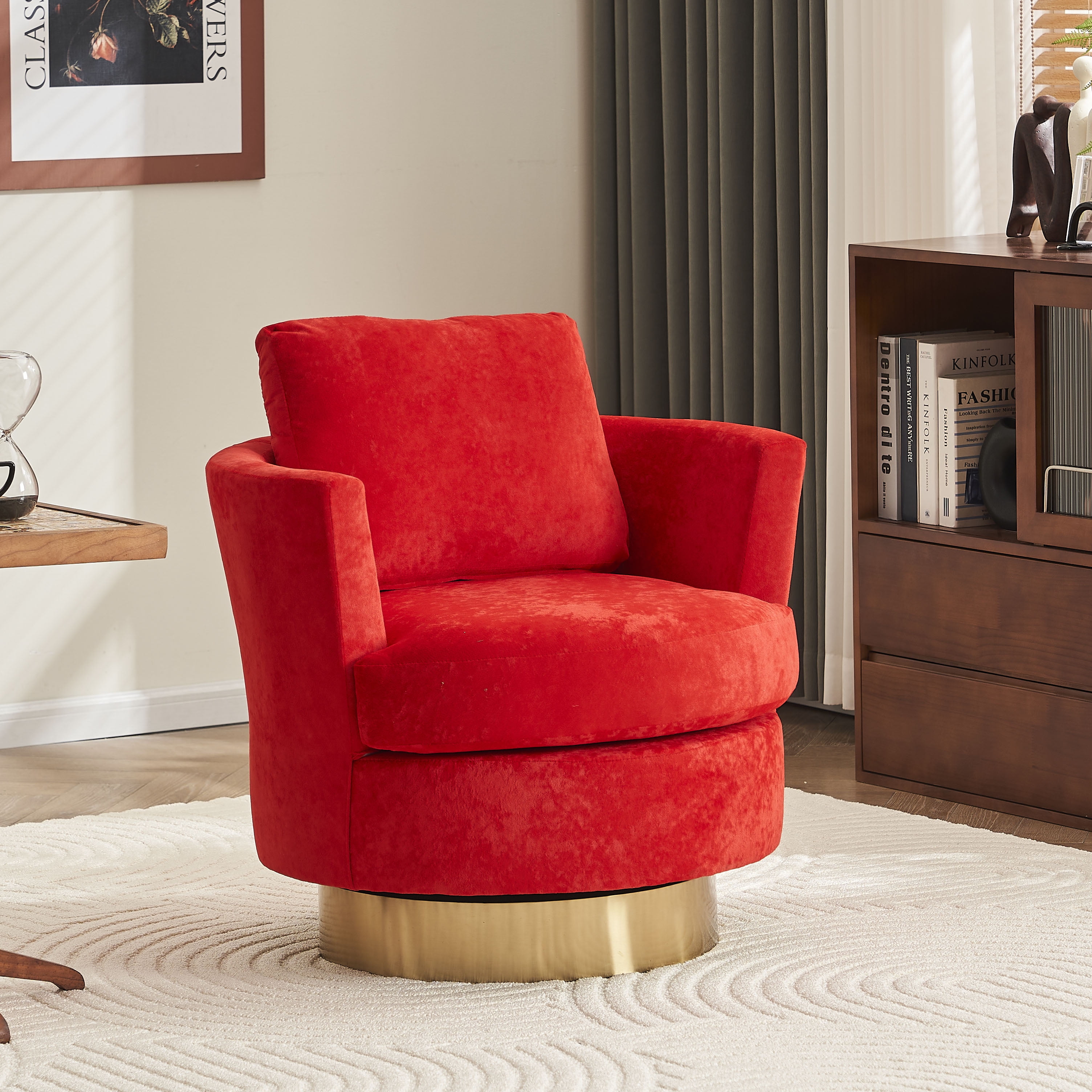 Red Velvet Swivel Barrel Chair, Modern Accent Armchair for Living Room ...