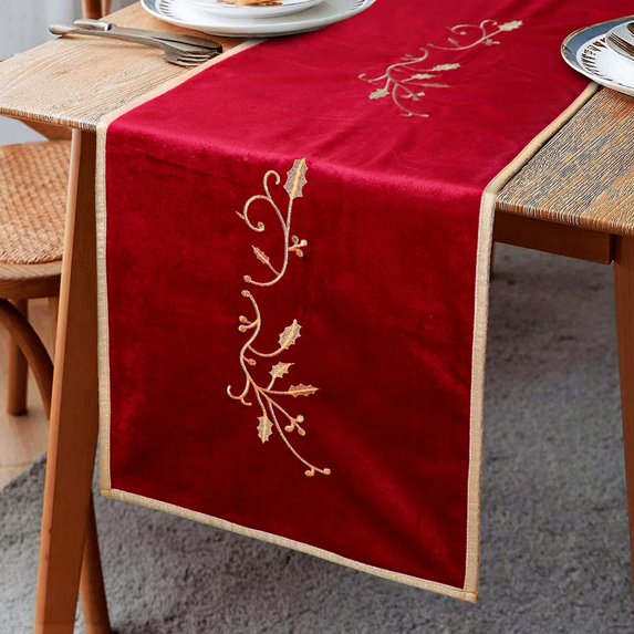 Red Velvet Table Runner with Gold Embroidered Holly Leaf, Christmas ...