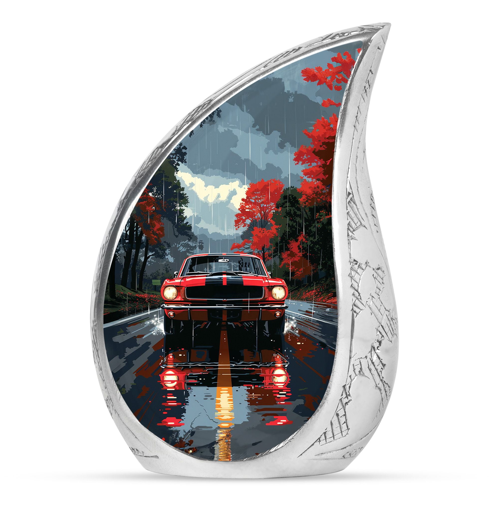 Red Vintage Car On Road Small Urn For Adult Ashes Male & Female ...