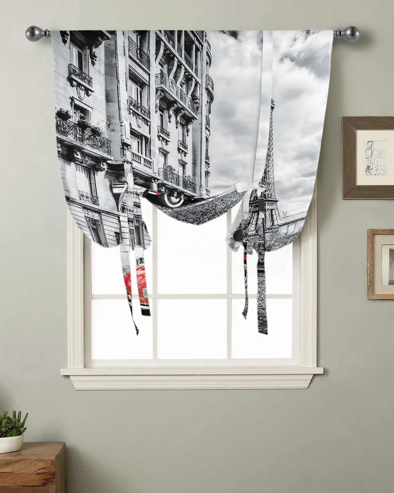 Red Vintage Car Paris Tower Street Kitchen Short Window Curtain Modern ...