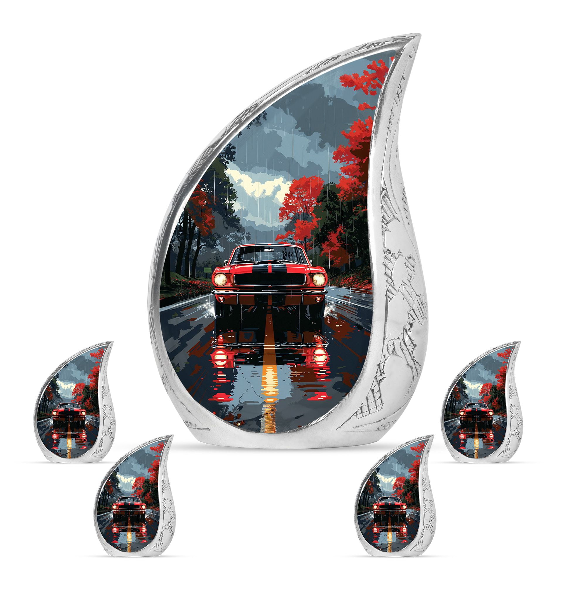 Red Vintage Car On Road Mini Memorial Urn For Human Ashes Adult - Large ...
