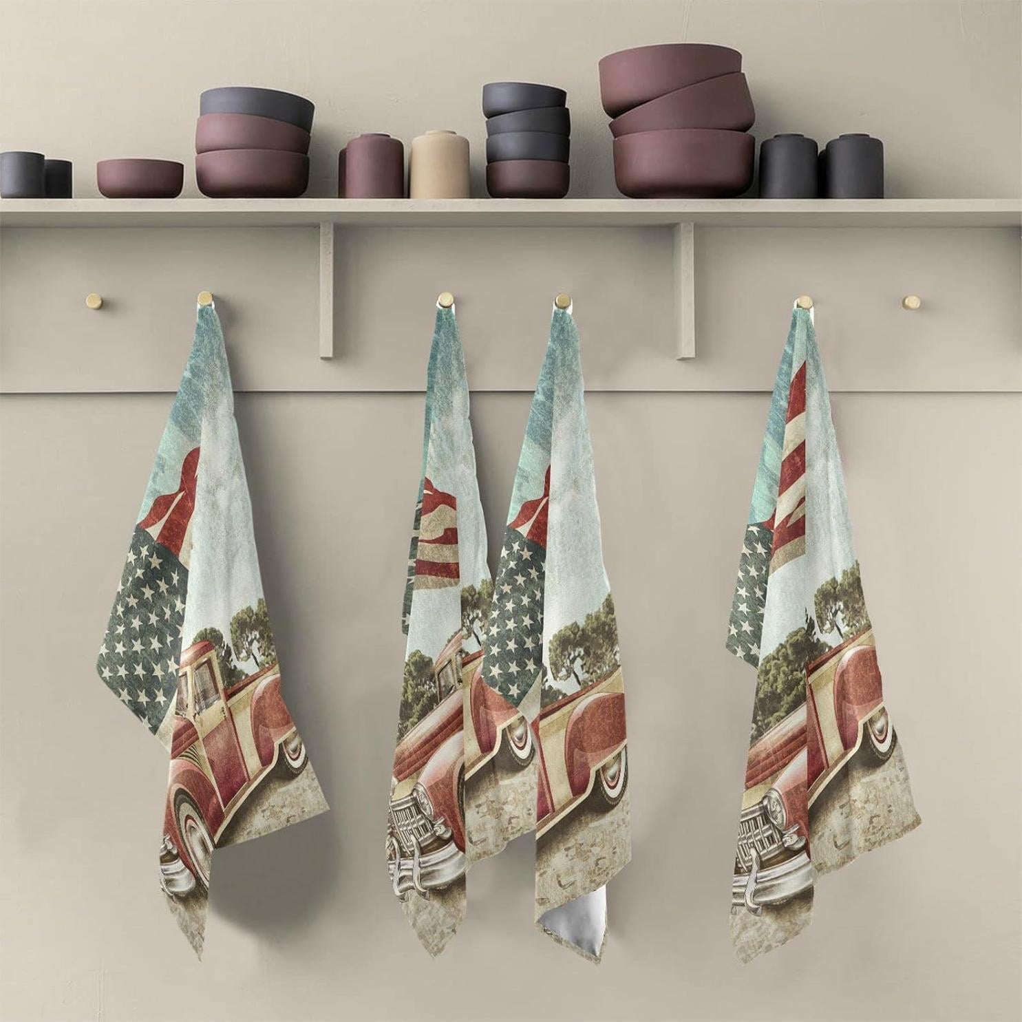 Red Vintage Pick Up Truck Tea Towels Set of 6 American Flag Kitchen ...