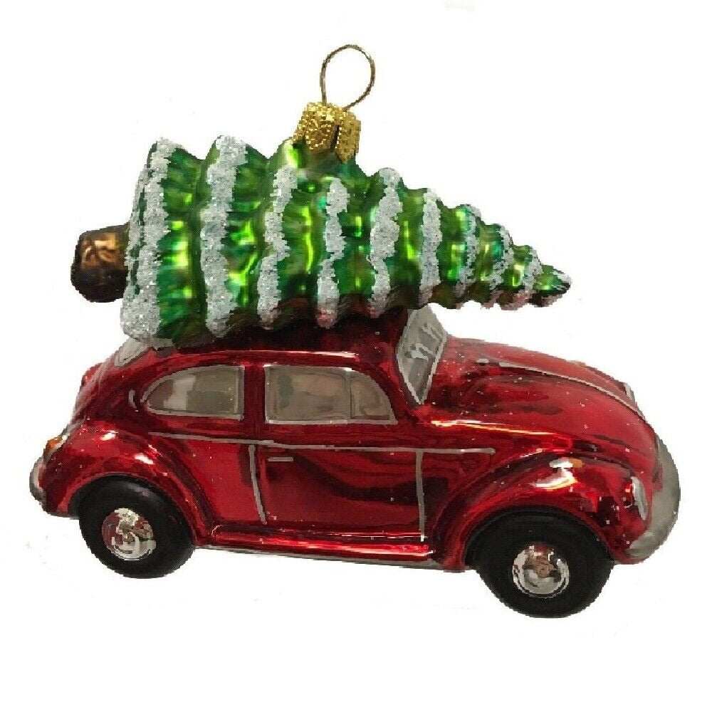 Red Volkswagen Beetle Car with Tree Polish Glass Christmas Ornament VW ...