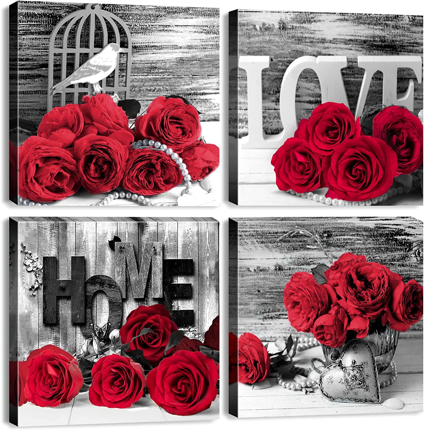 Red Wall Art Ruby Red Rose Flower Picture Wall Decor for Couple Bedroom Dining Room Black and ...