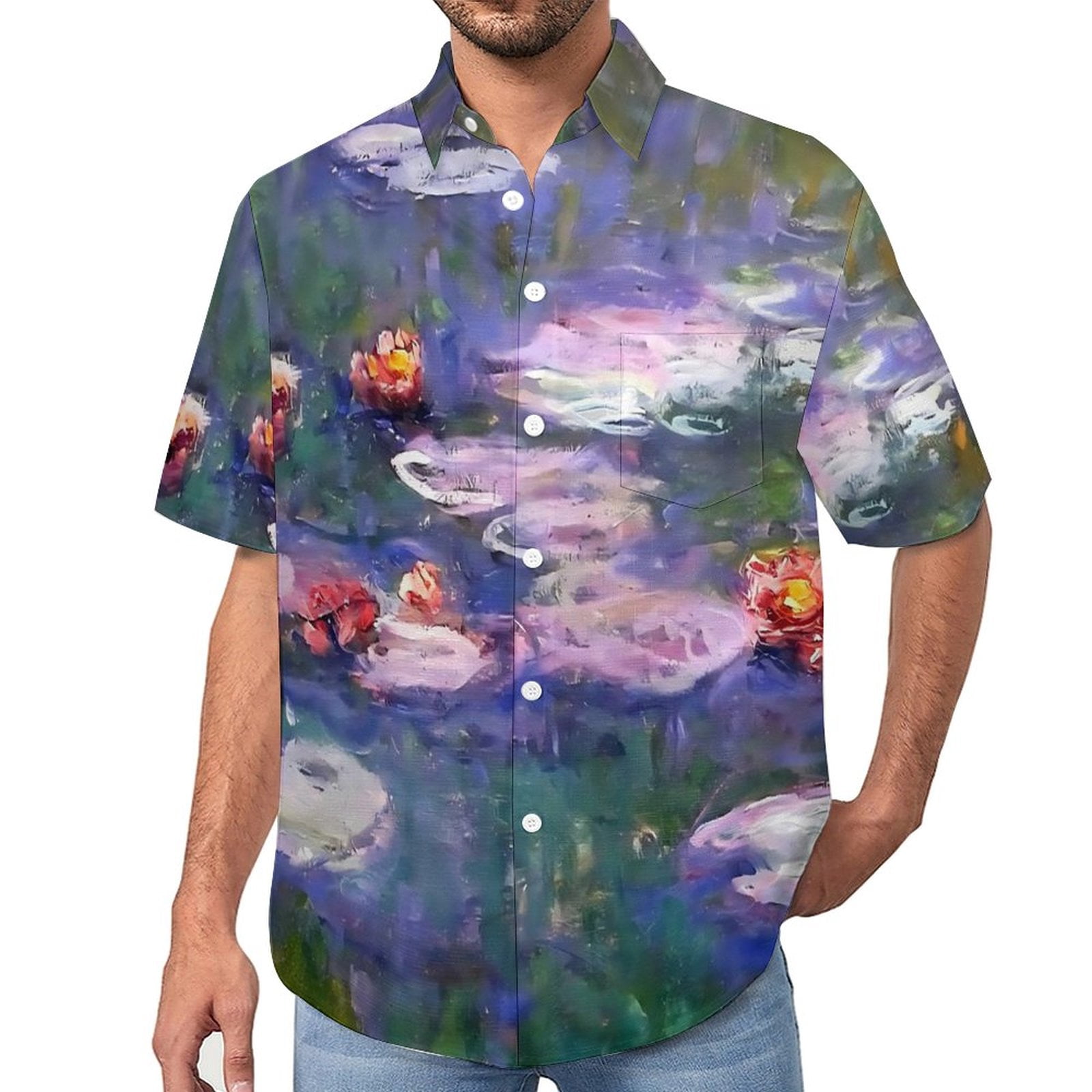 Red Water Lily Casual Shirt Claude Mt's Famous Painting Beach Loose ...