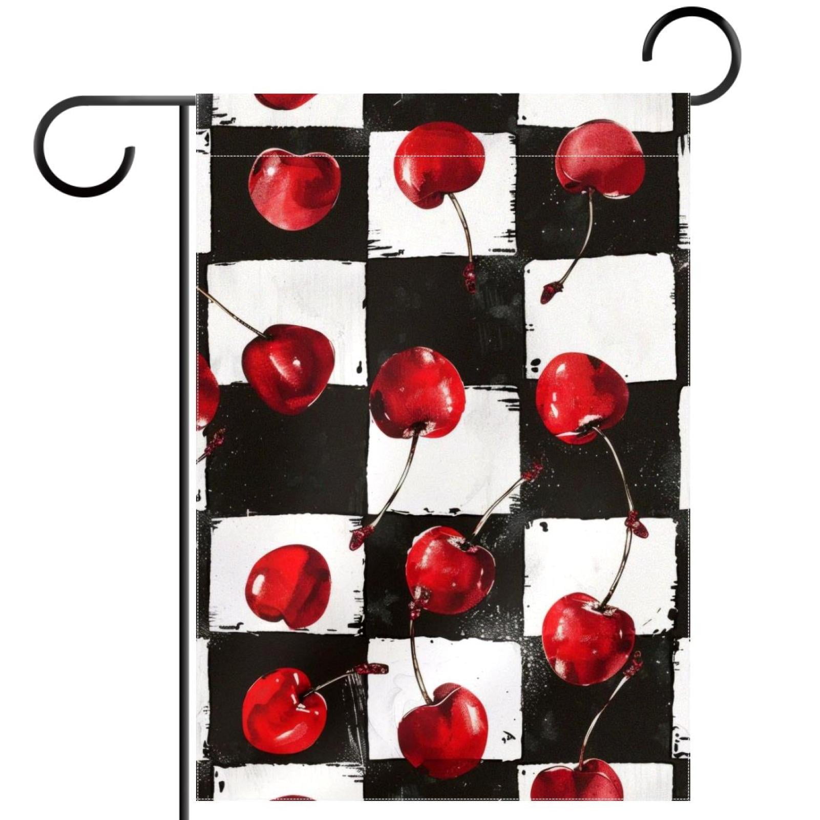 Red Watercolor Cherries Black and White Checkers Decorative Garden Flag ...