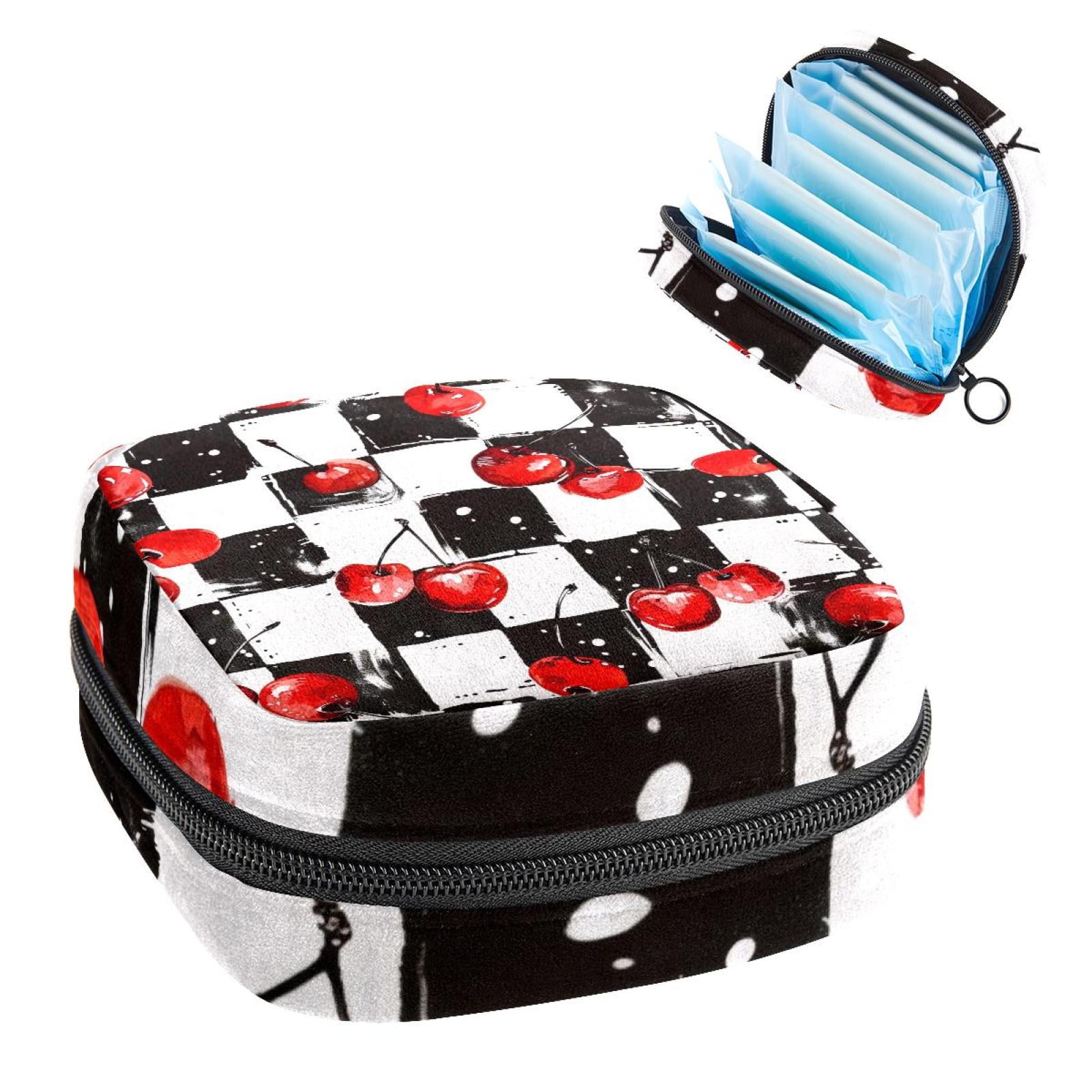 Red Watercolor Cherries on Black and White Checkers Sanitary Napkin ...