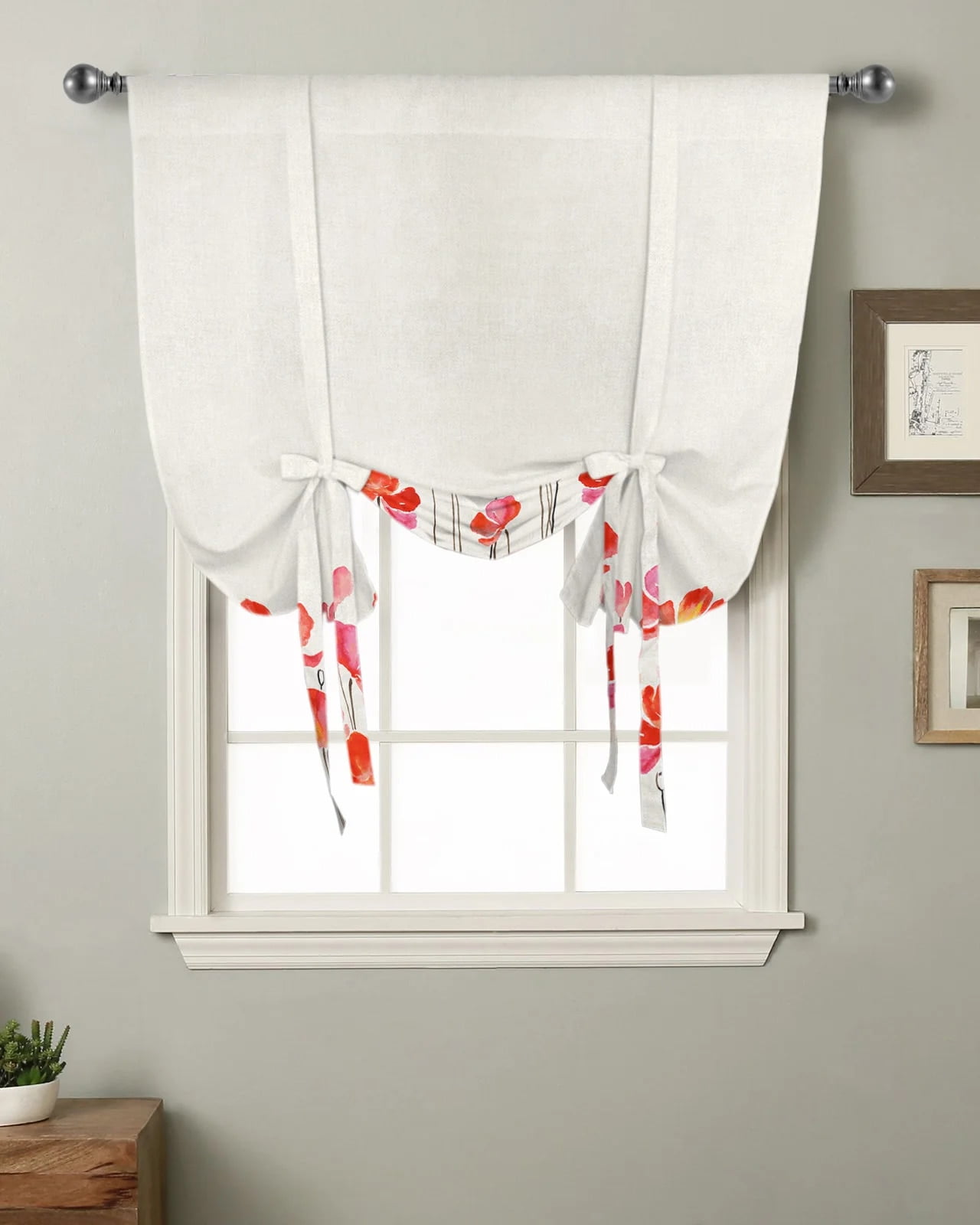 Red Watercolor Poppies Kitchen Short Window Curtain Rod Pocket Curtains ...