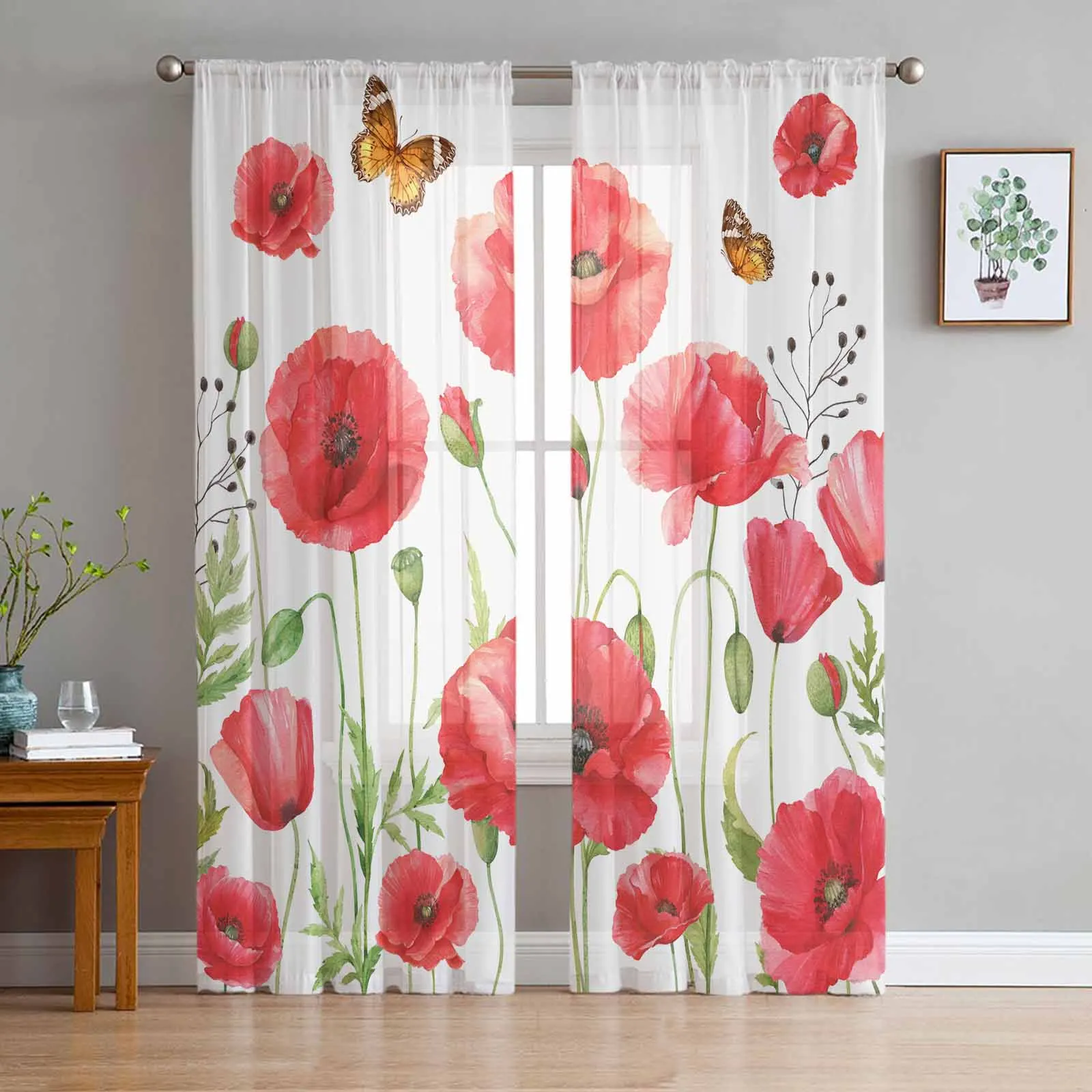 Red Watercolor Poppy Flower Sheer Curtains for Living Room ration ...