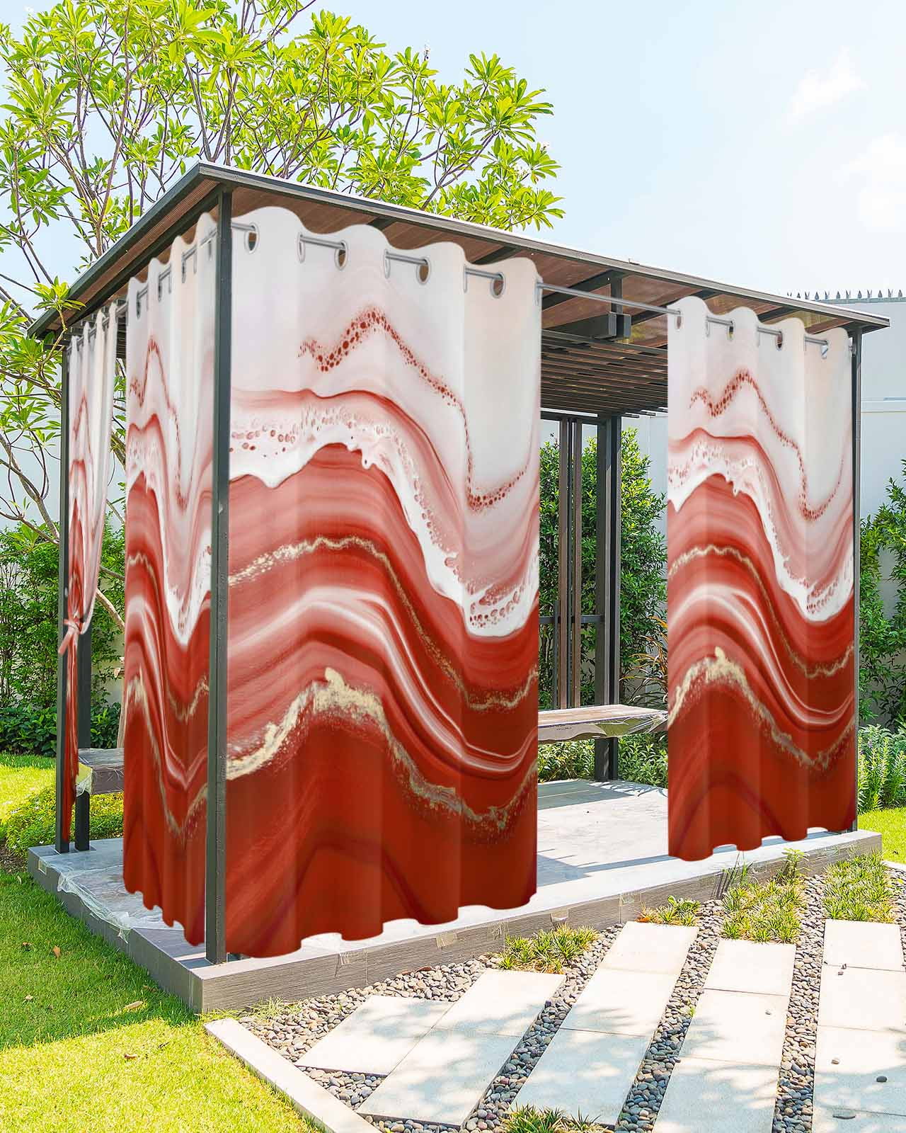 Red Waves Abstract Outdoor Curtains for Patio, Modern Fluid Water ...