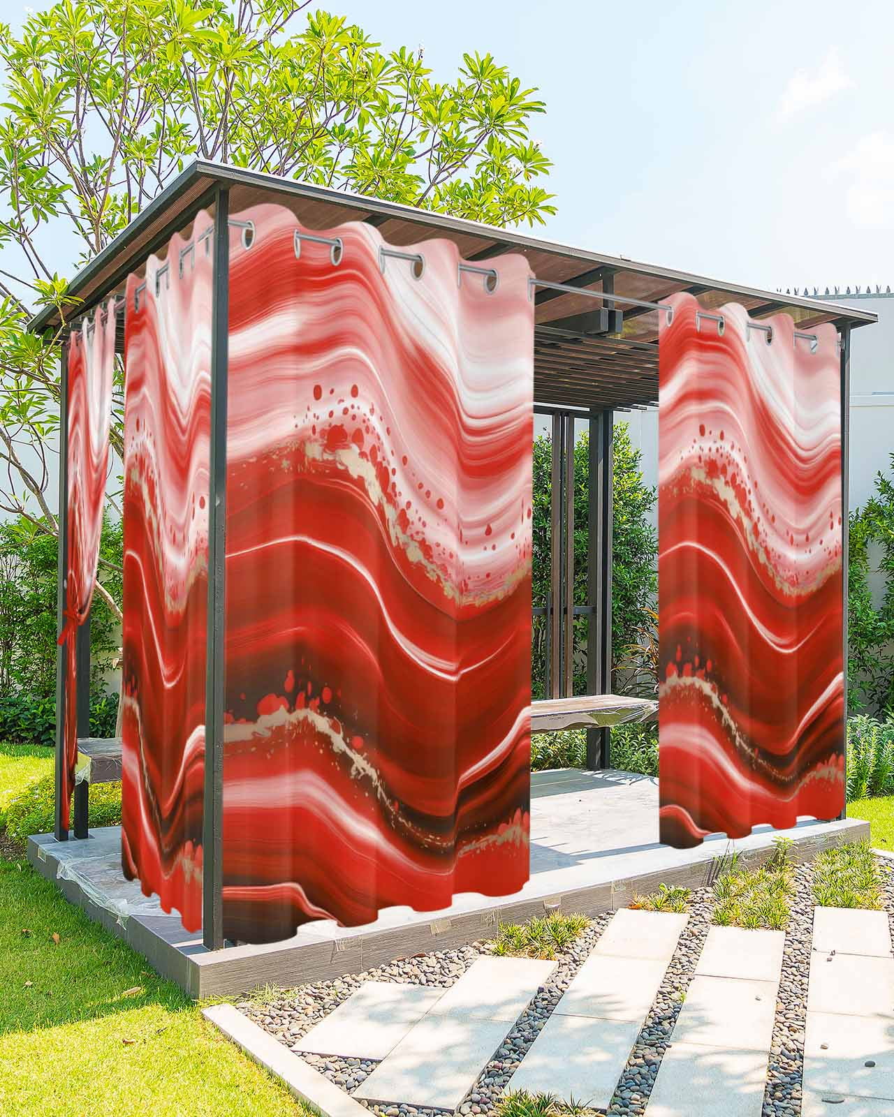 Red Waves Abstract Outdoor Curtains for Patio, Ombre Fluid Water Ripple ...
