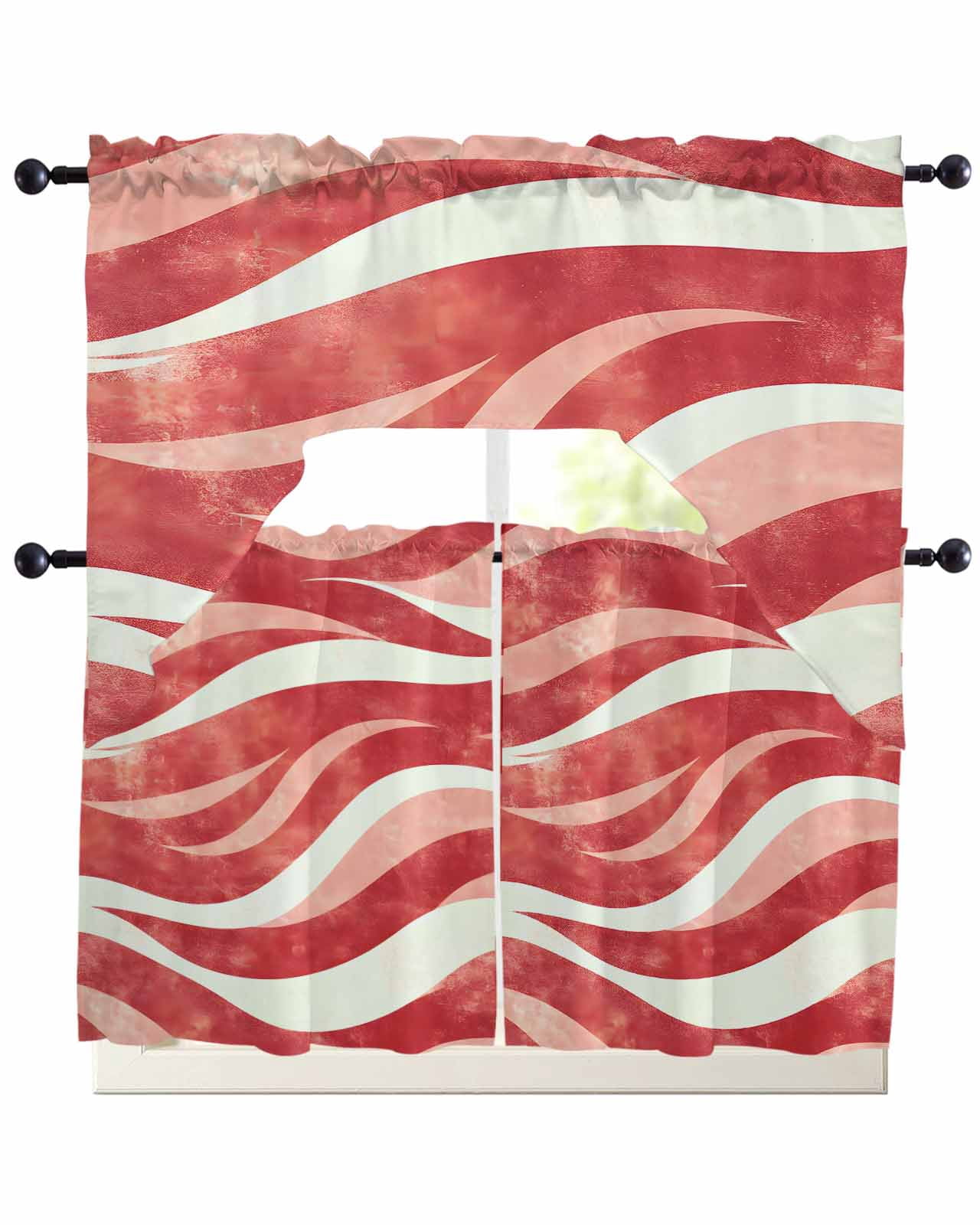 Red Waves Kitchen Curtains Swag Valance and Tier Curtains Set 24 Inch ...