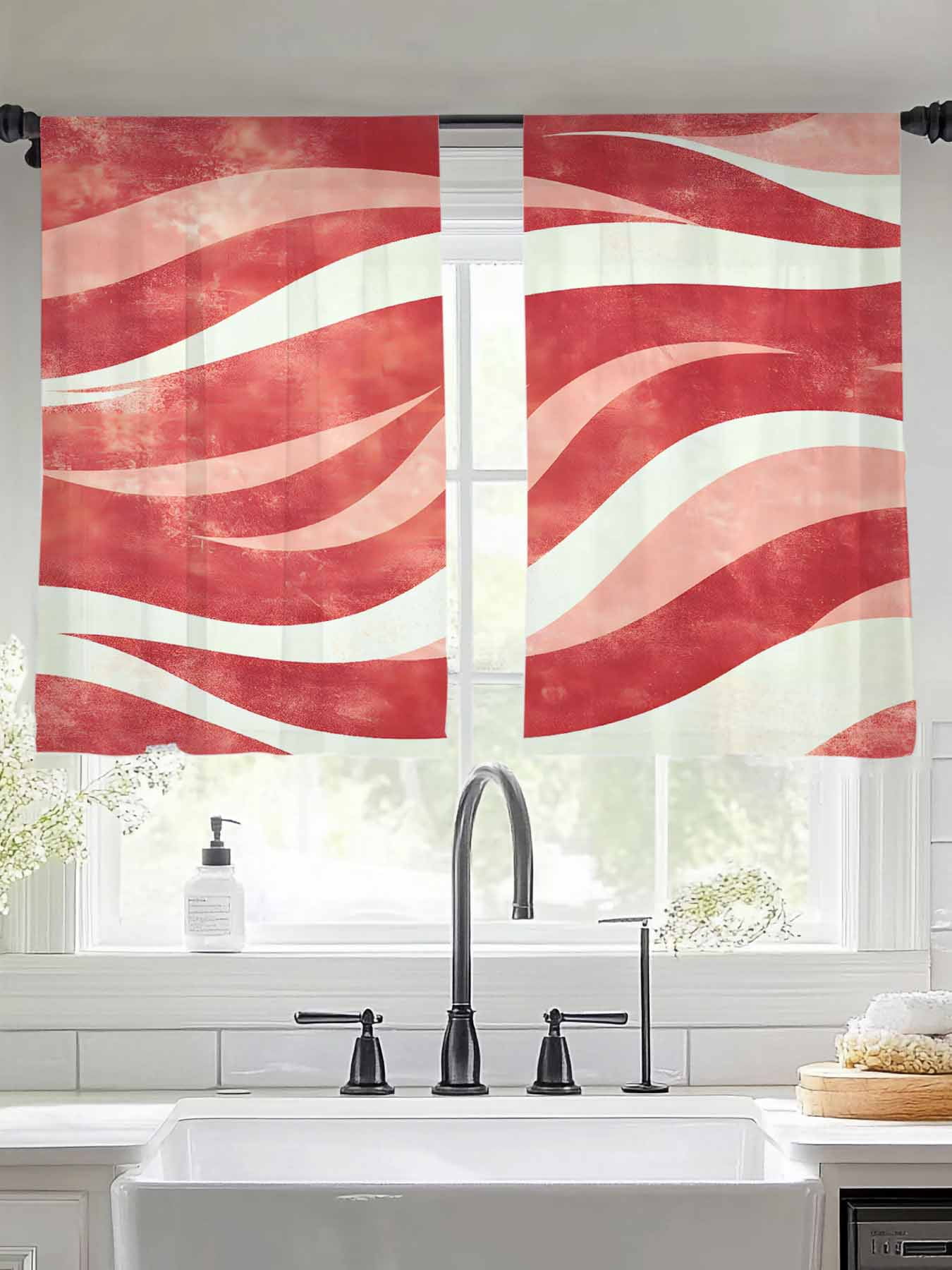 Red Waves Sheer Curtains for Living Room Bedroom Ombre Sea Ripples ...
