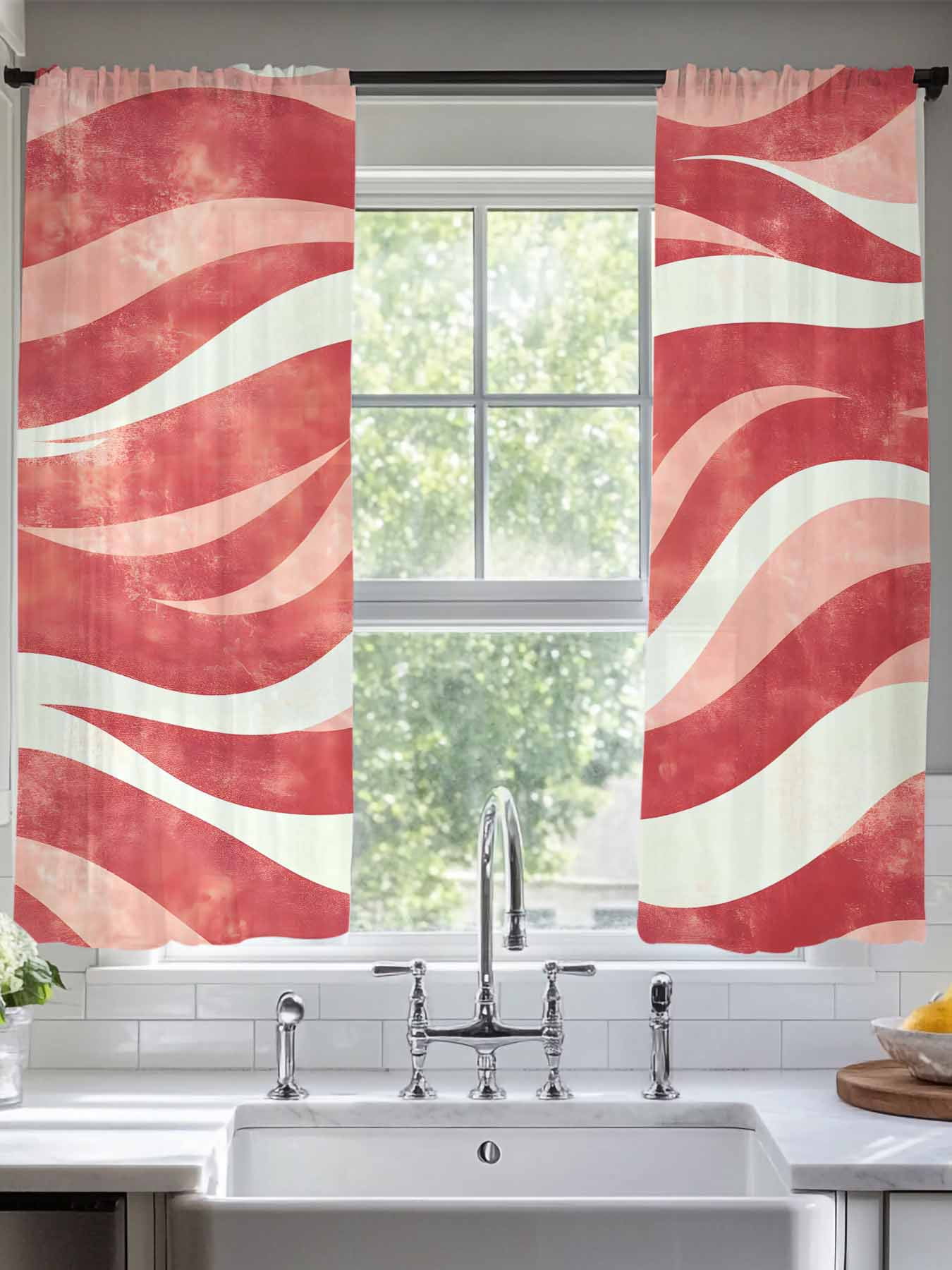 Red Waves Sheer Curtains for Living Room Bedroom Ombre Sea Ripples ...