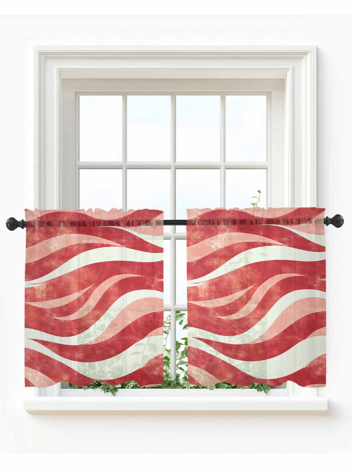Red Waves Tier Curtains 24 Inch Length, Sheer Curtains for Bedroom ...
