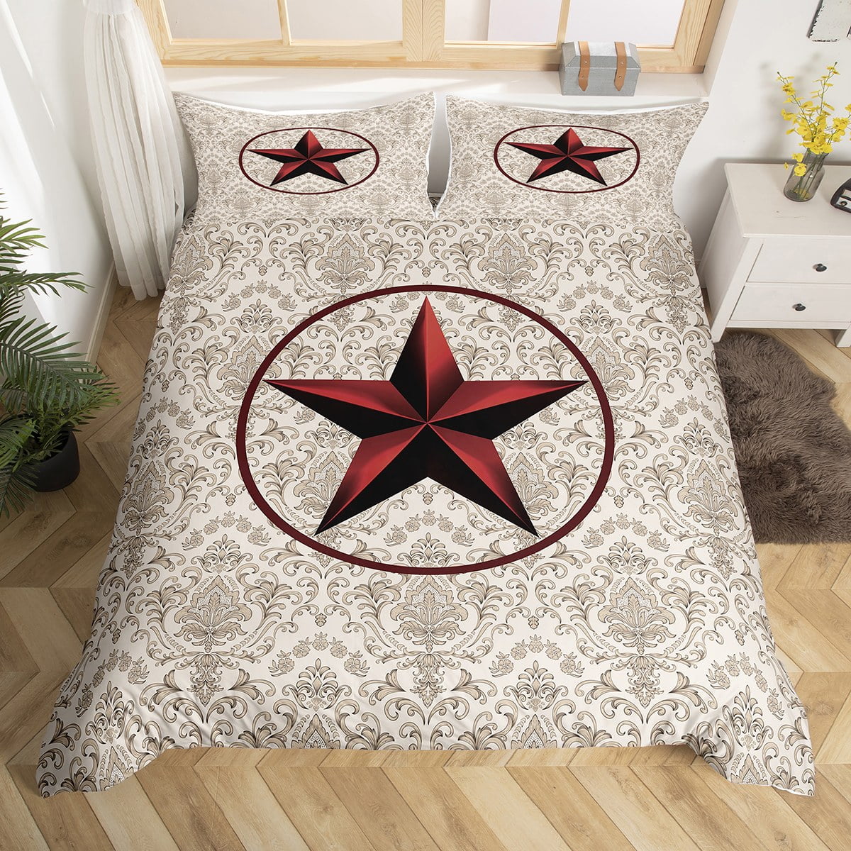 Red Western Texas Star Bedding Set Gothic Vintage Floral Damask ...