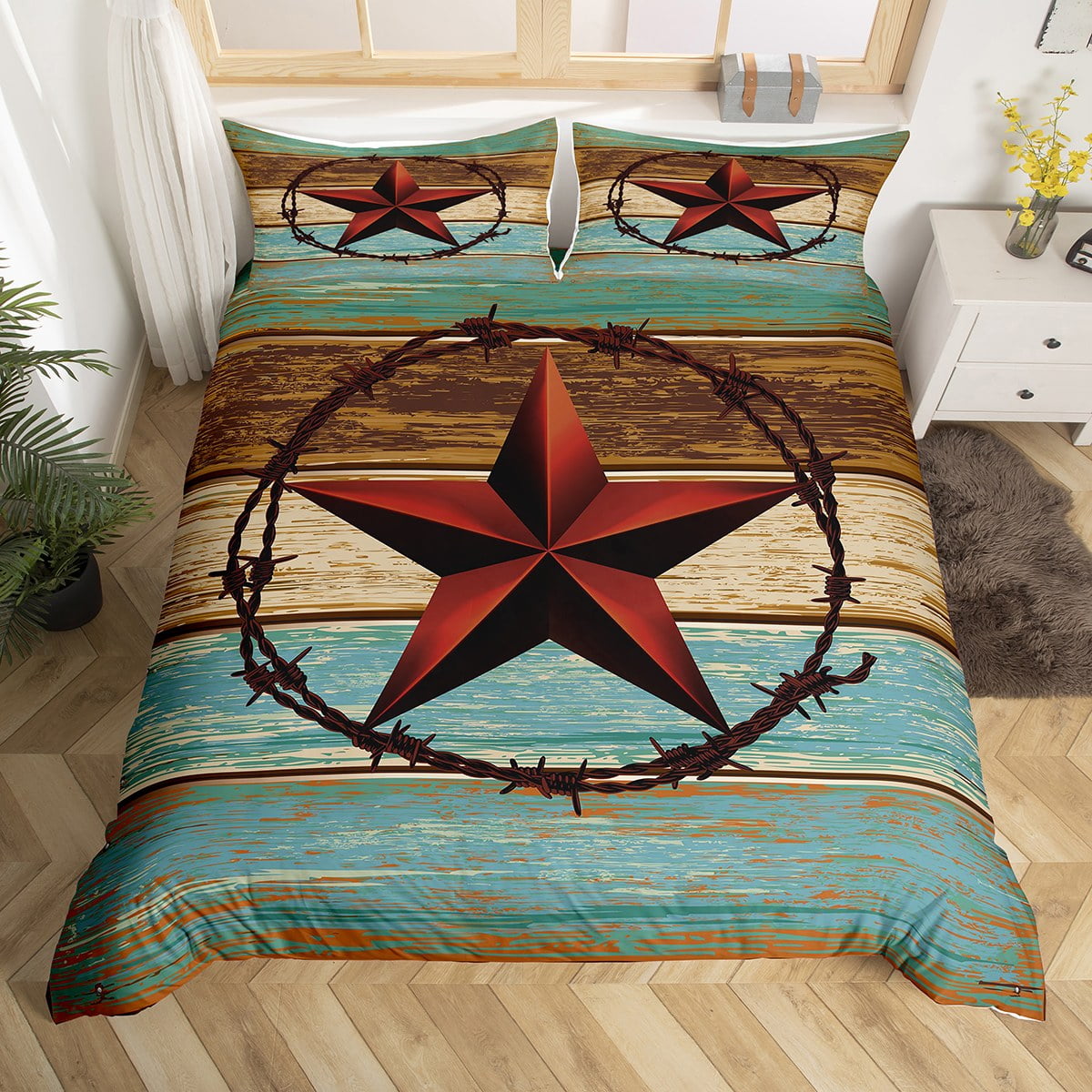 Red Western Texas Star Duvet Cover Retro Vintage Circle Bedding Set ...