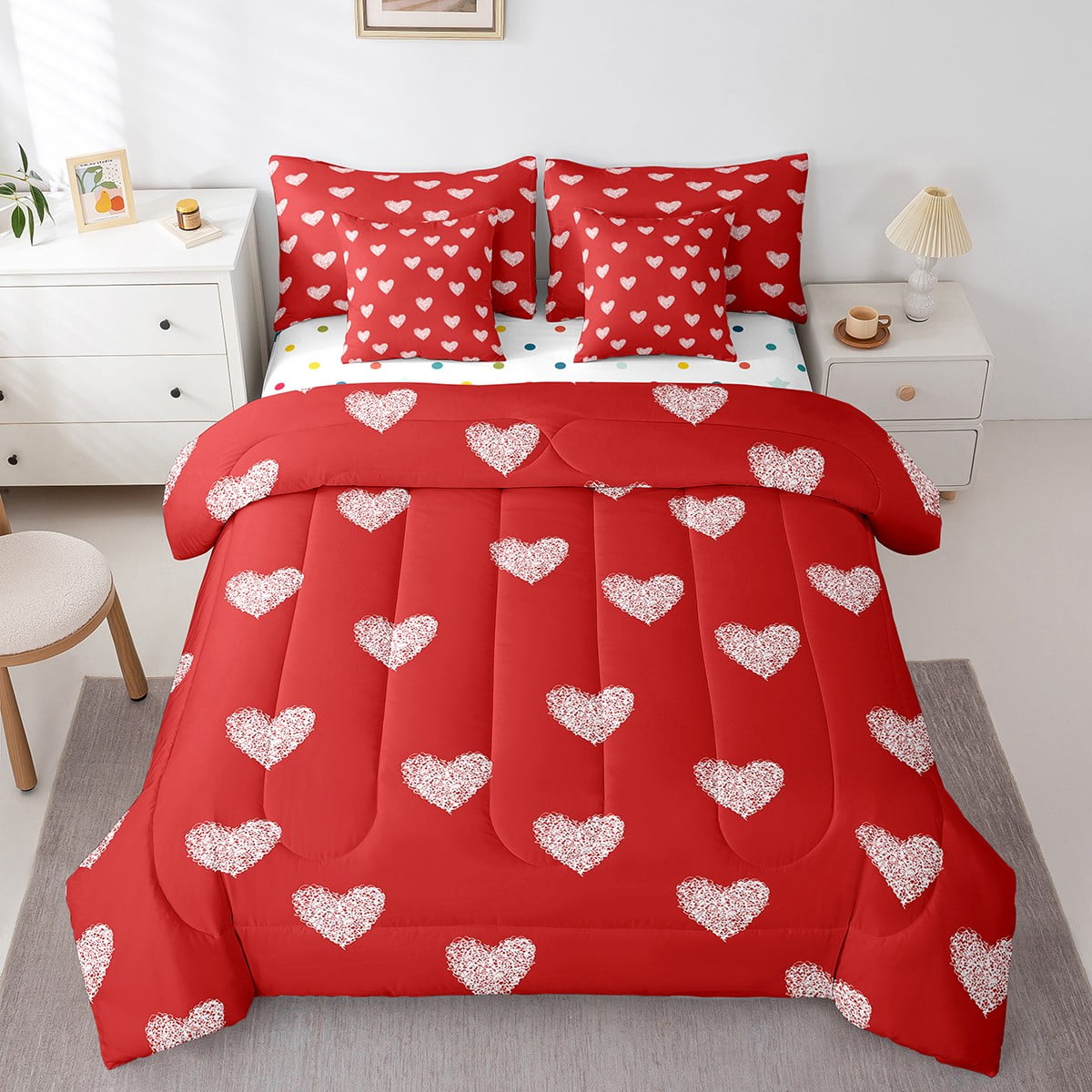 Red White 7 Piece Comforter Set Twin Size Kawaii Heart Pattern Bed in a ...