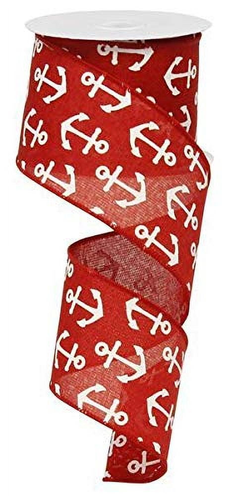 Red White Anchor Nautical Beach Wired Edge Ribbon - 50 Yards x 2.5 ...