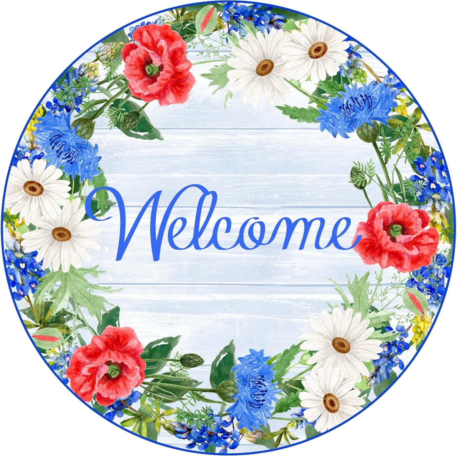Red White And Blue Floral Border Farmhouse Welcome Wreath Wood Sign ...
