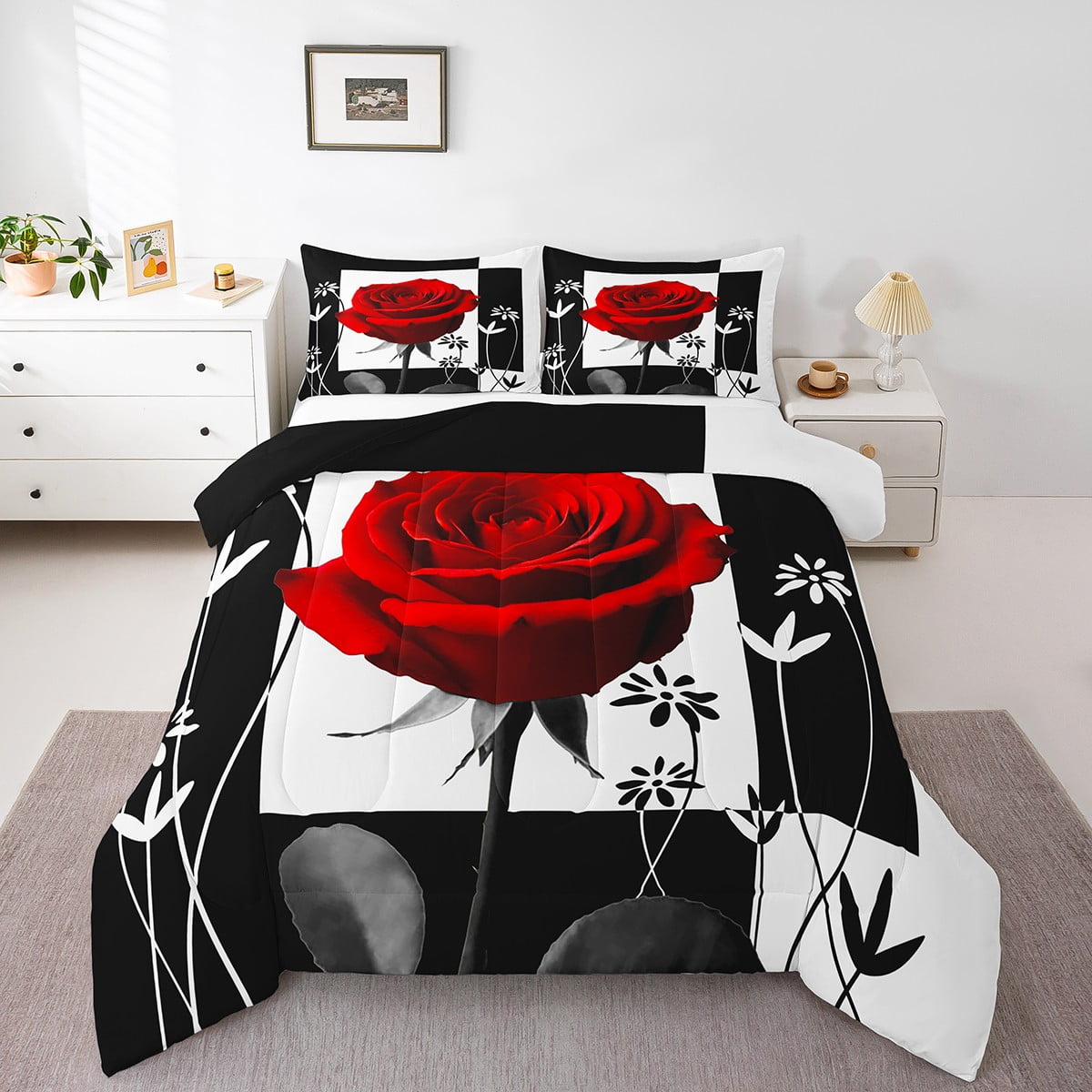 Red And White Black Rose Comforter Set Full, Rose Floral Bedding ...
