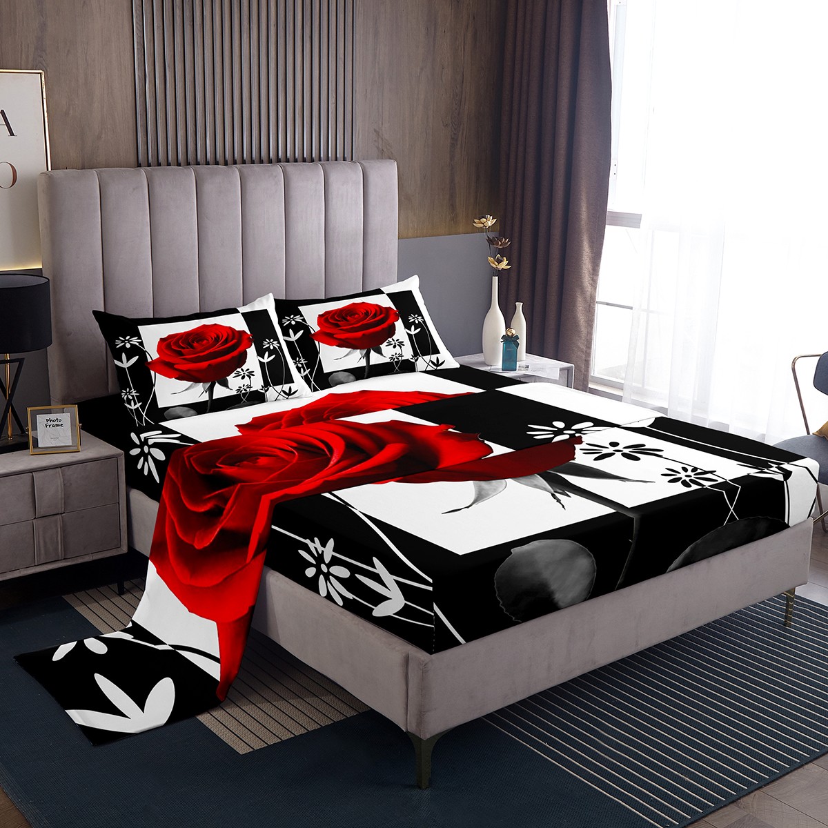 Red And White Black Rose Sheet Set King, Rose Floral Sheets Vintage ...