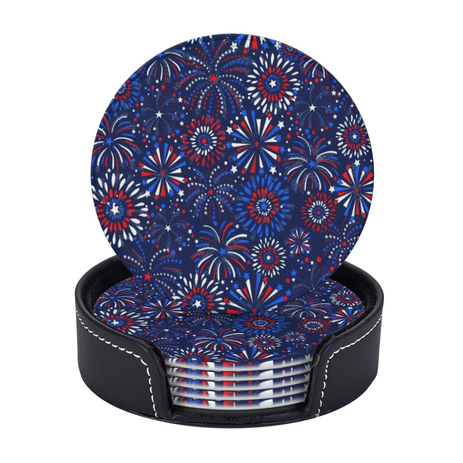 Red White & Blue Fireworks Coasters With Leather Holder Set Of 6 Round ...