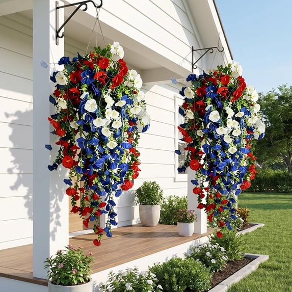 Red White Blue Hanging Flower Baskets Patriotic Artificial Flowers For ...