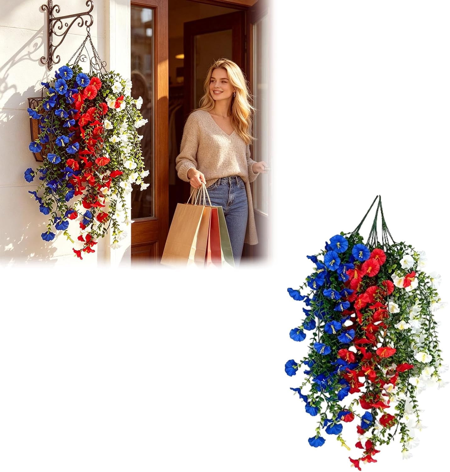 Red White Blue Hanging Flowers Artificial Baskets With Or Without LED ...