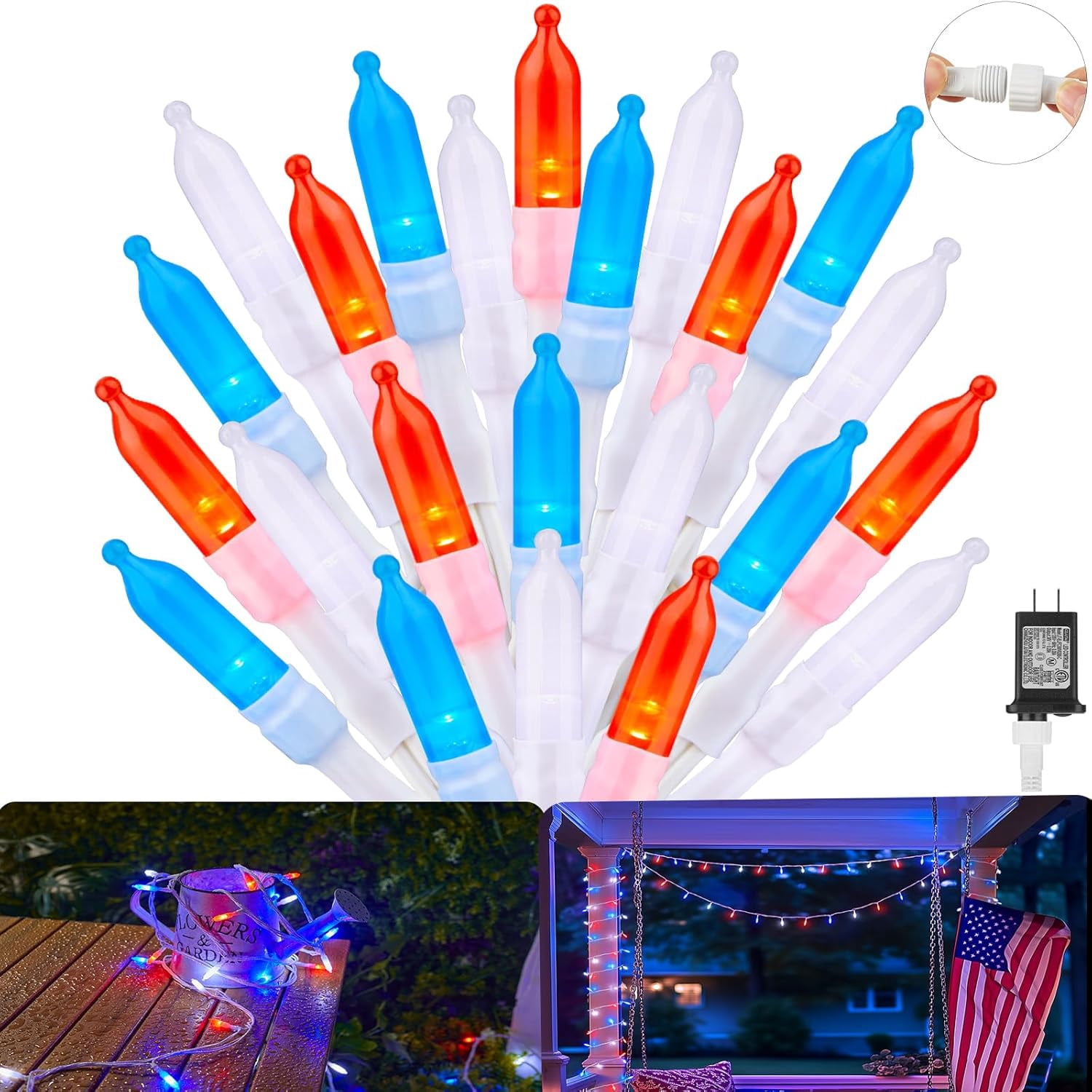 Red White Blue LED Mini Lights, 39Feet 100 LED 4th of July Decor String ...