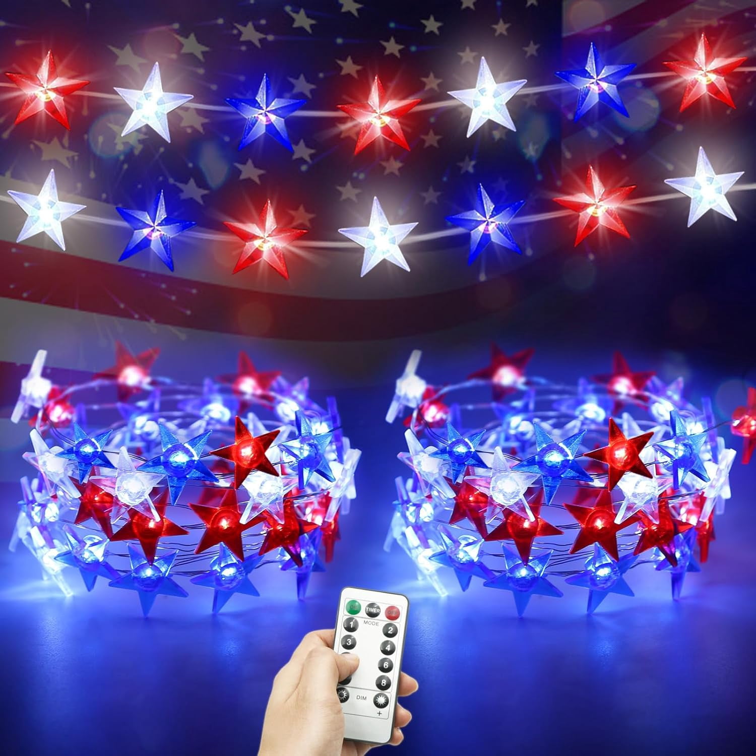 Red White and Blue Lights, 2 Pack 80 LED 4th of July Lights Patriotic ...