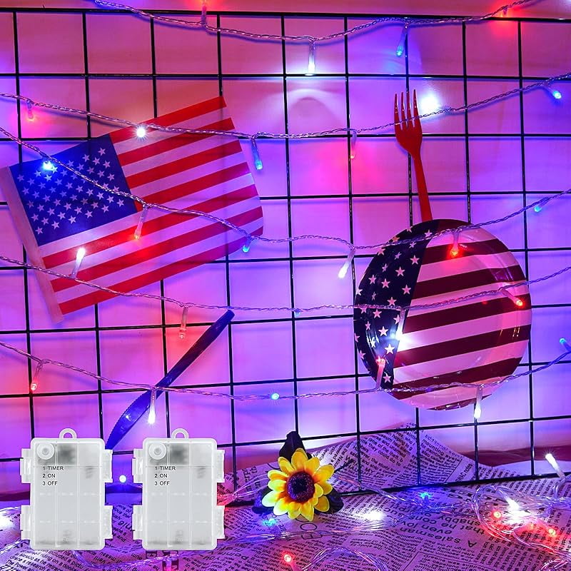 Red White and Blue Lights Battery Operated, 4th of July Lights with ...