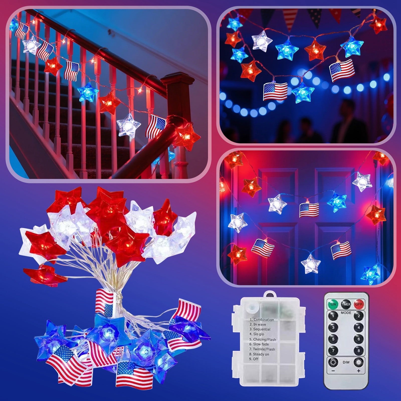 Red White and Blue Lights Battery Operated, 9PCS 6.56Ft 20 LED Mini ...